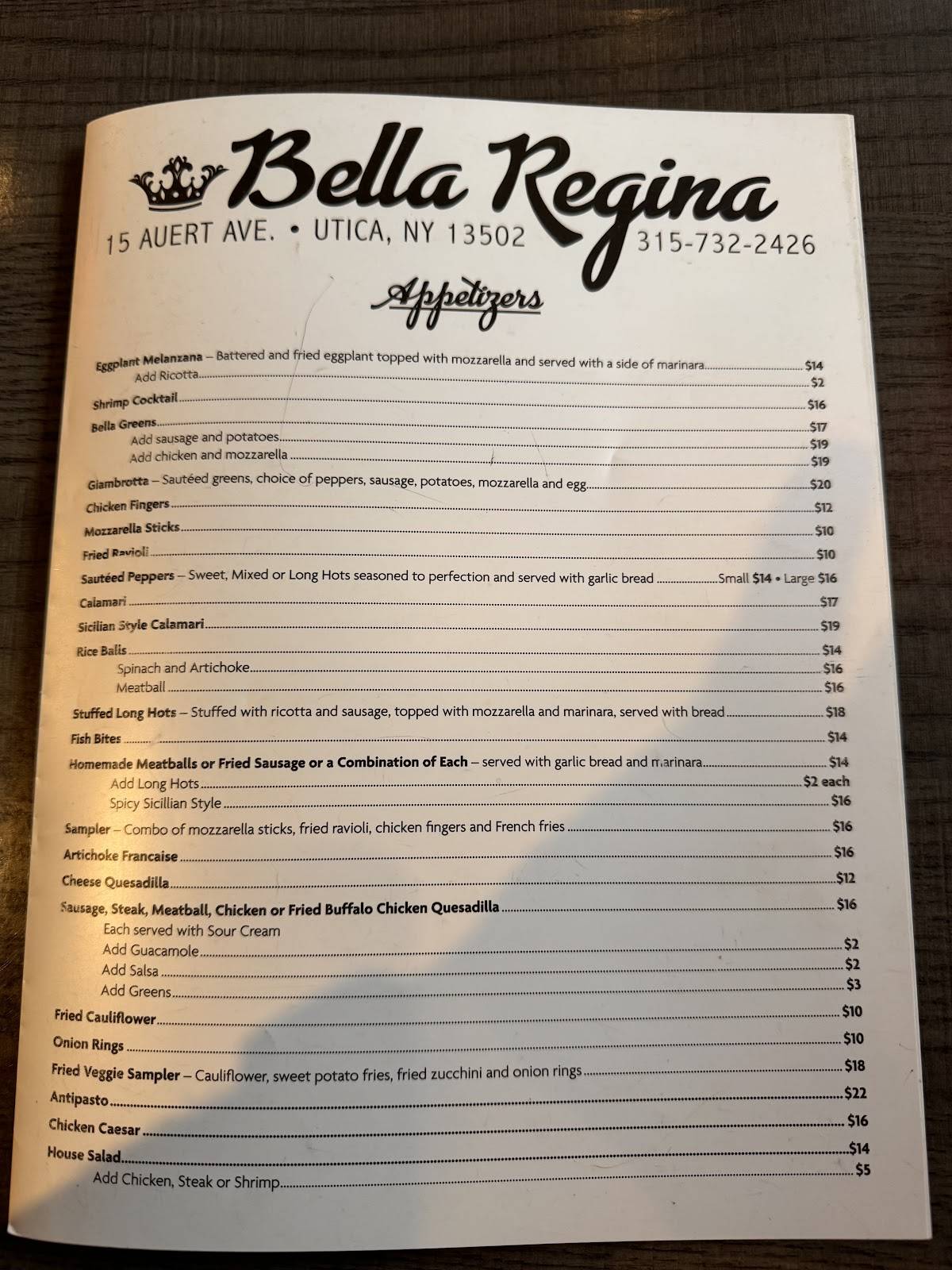 Menu at Bella Regina restaurant, Utica, 15 Auert Ave