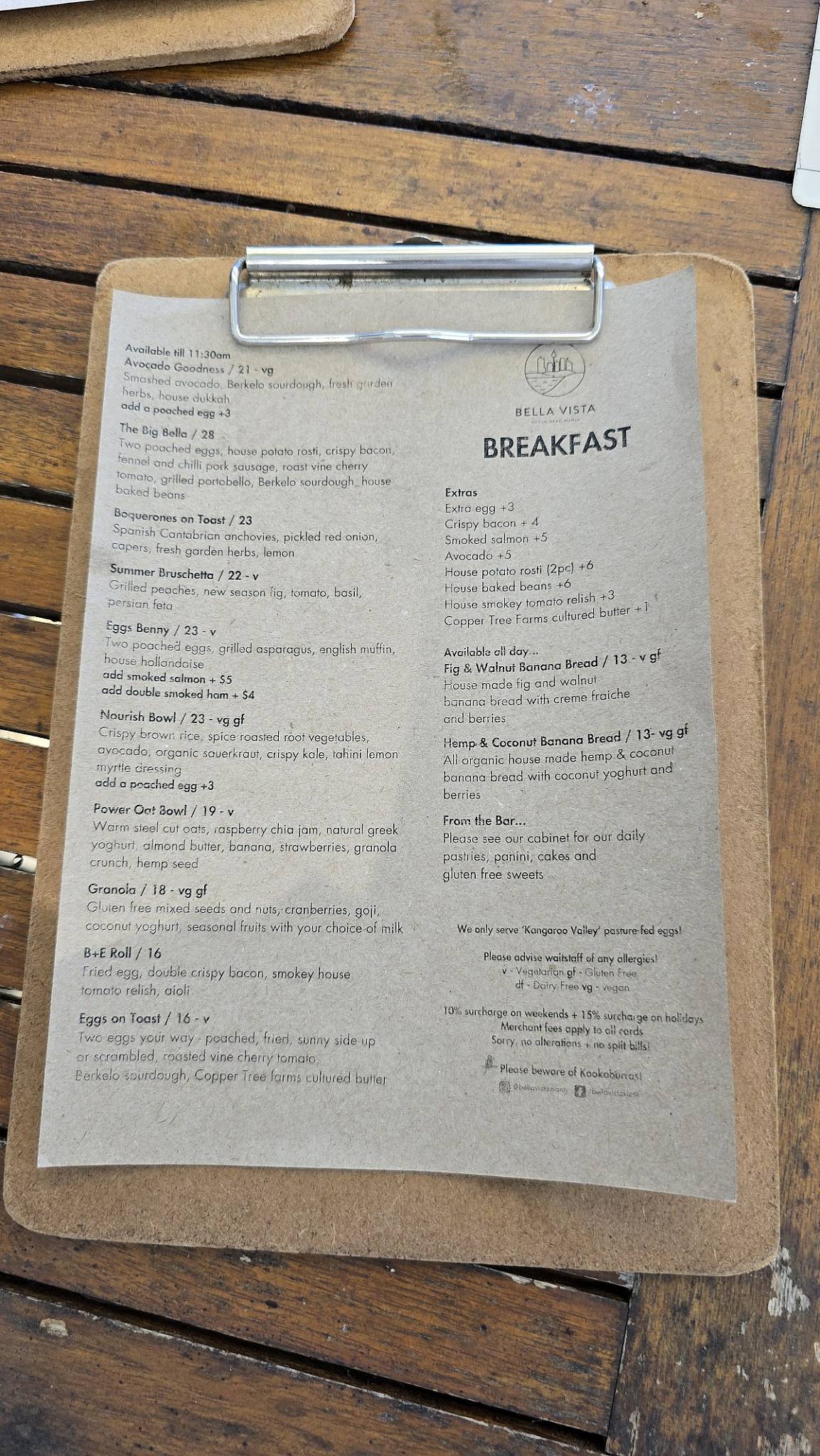 Menu at Bella Vista Manly cafe, Manly