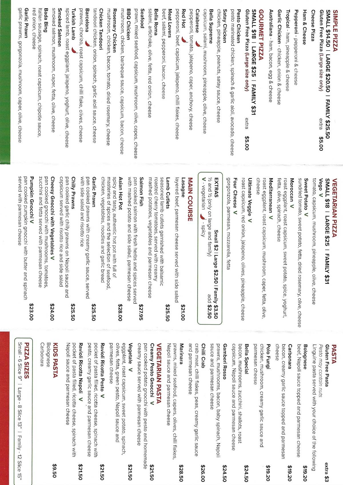 Menu at Bella Vista Pizza & Pasta pizzeria, Mapleton