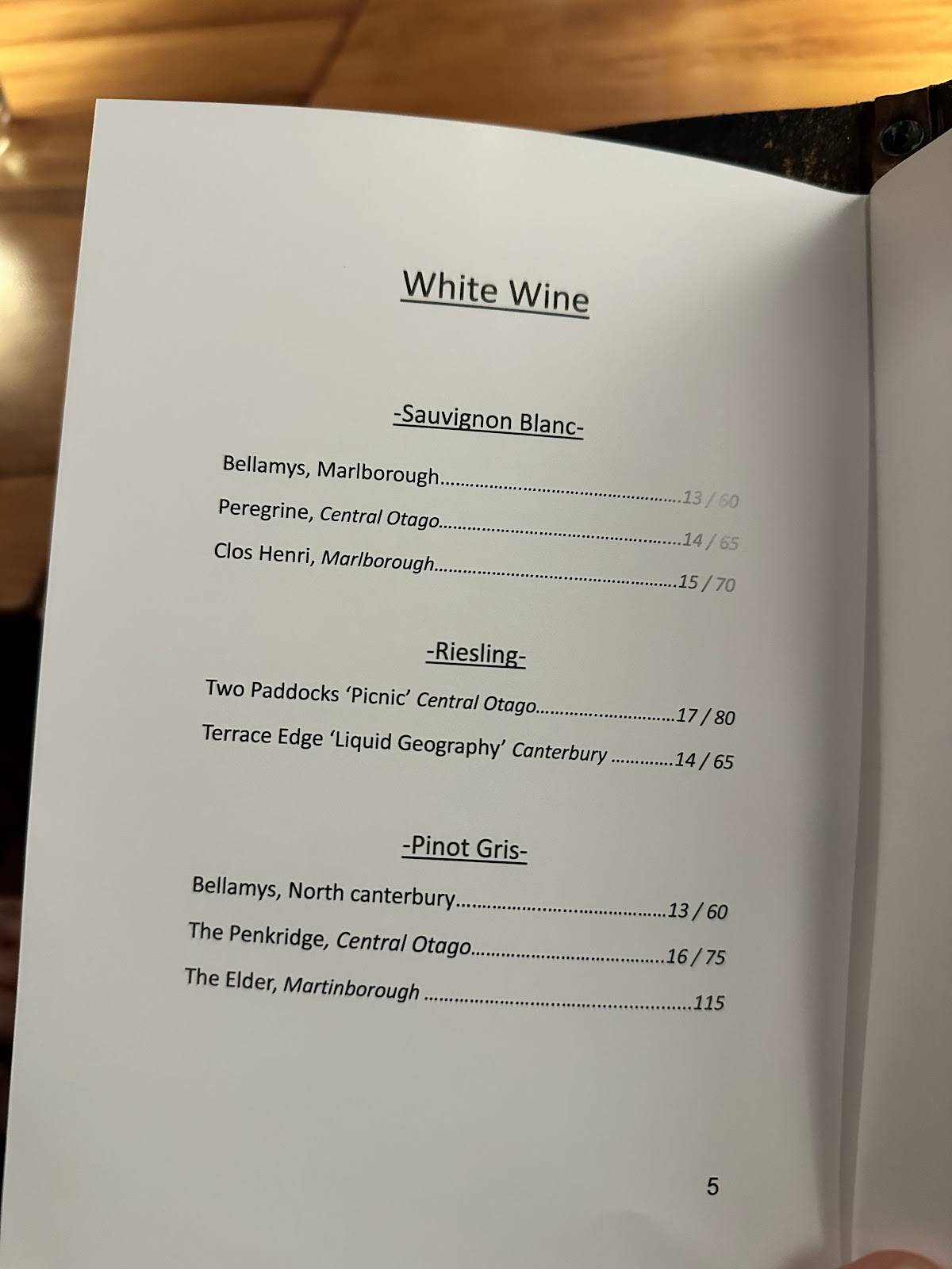 Menu at Bellamys restaurant, Wellington