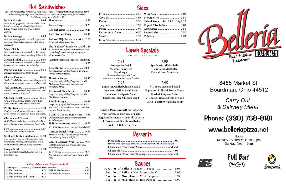 Menu at Belleria Boardman pizzeria, Boardman, Market St