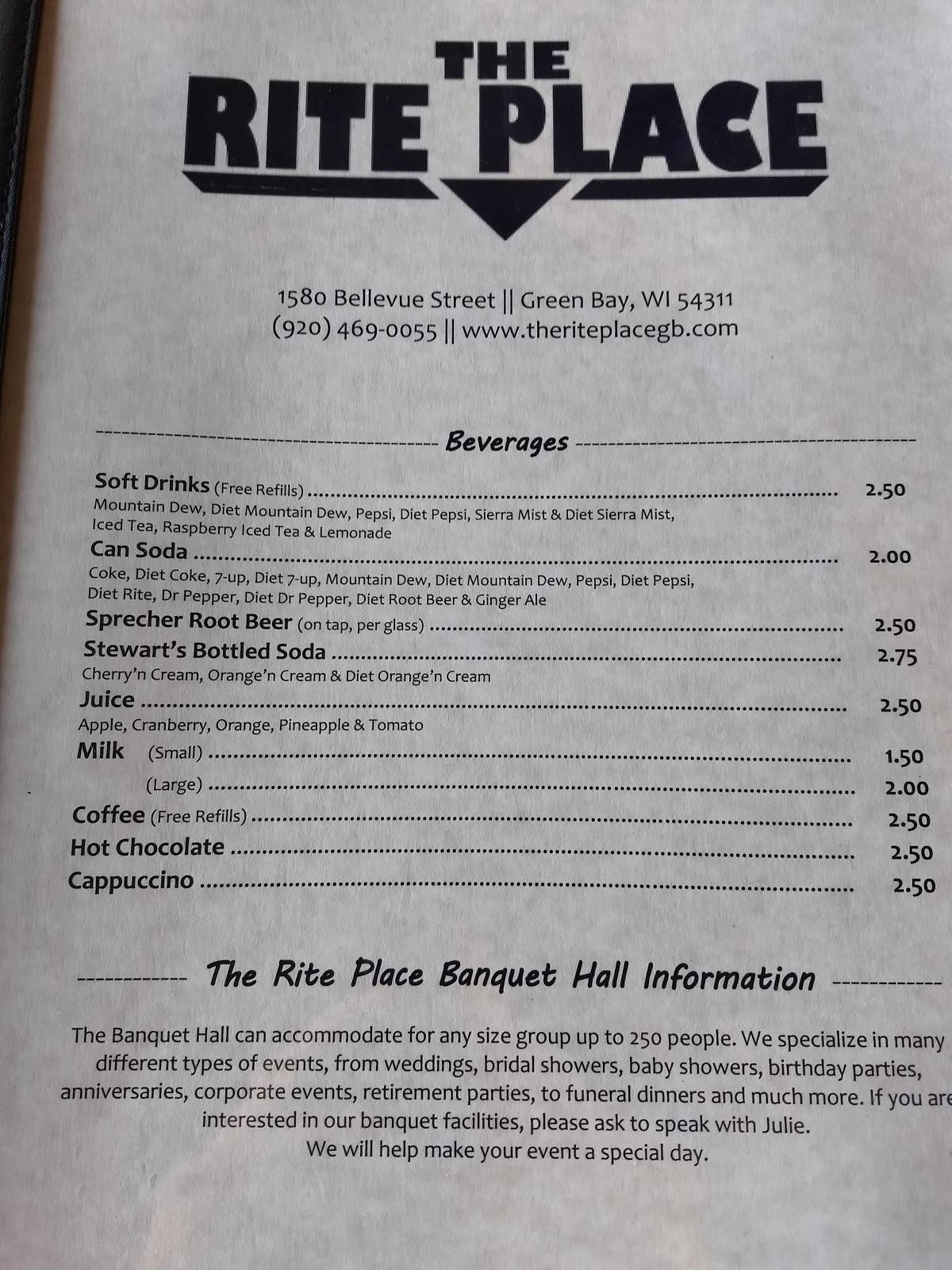 Menu at The Rite Place pub & bar, Green Bay