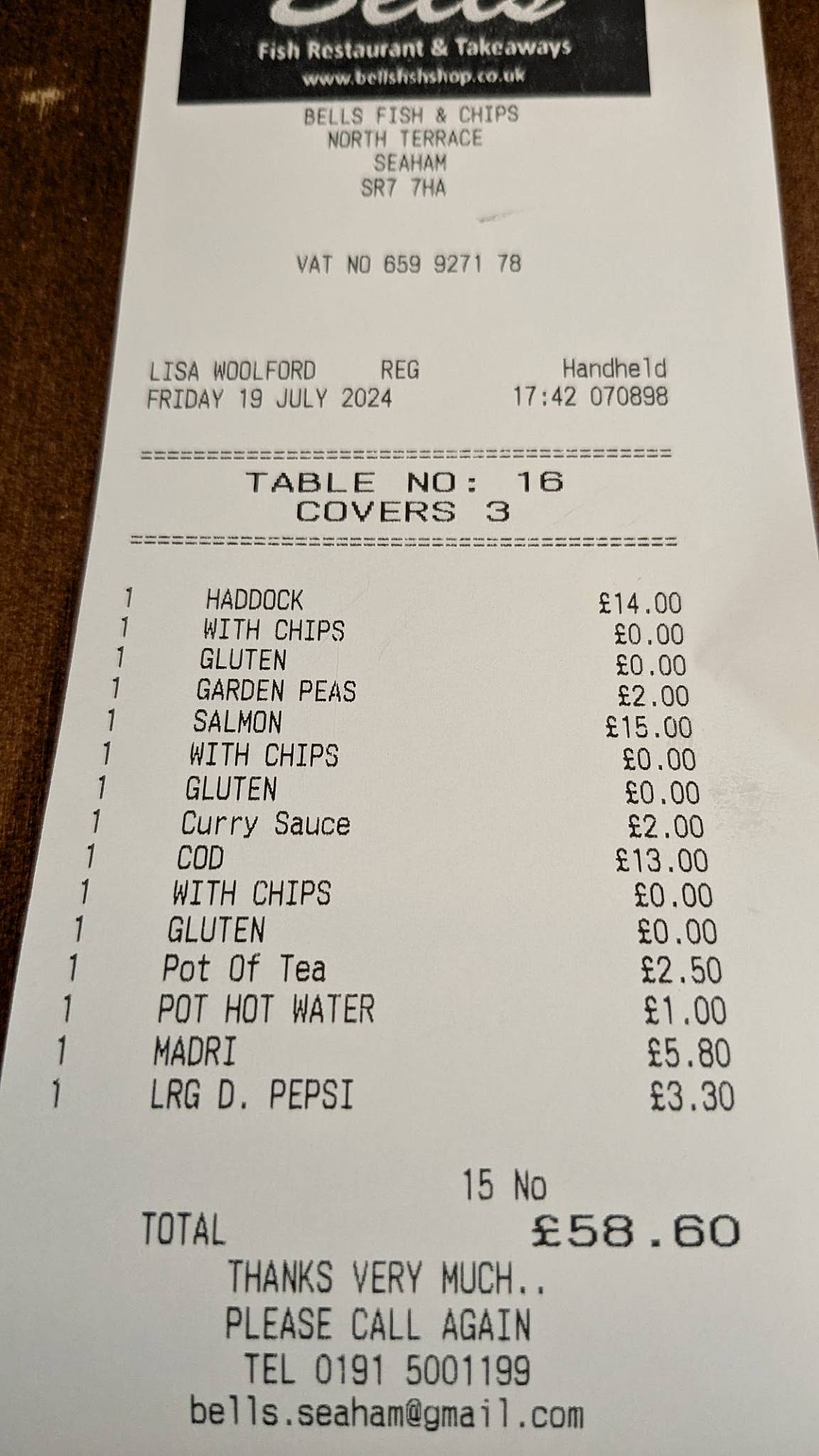 Menu at Bells Fish and Chips restaurant, Seaham