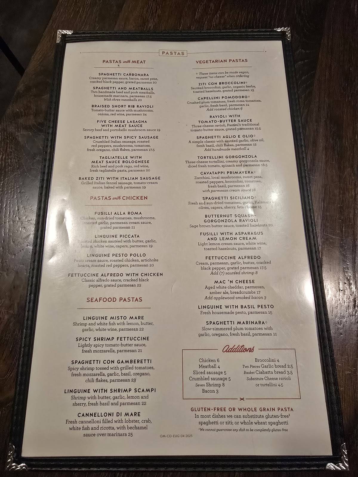 Menu at Pastini restaurant, Bend