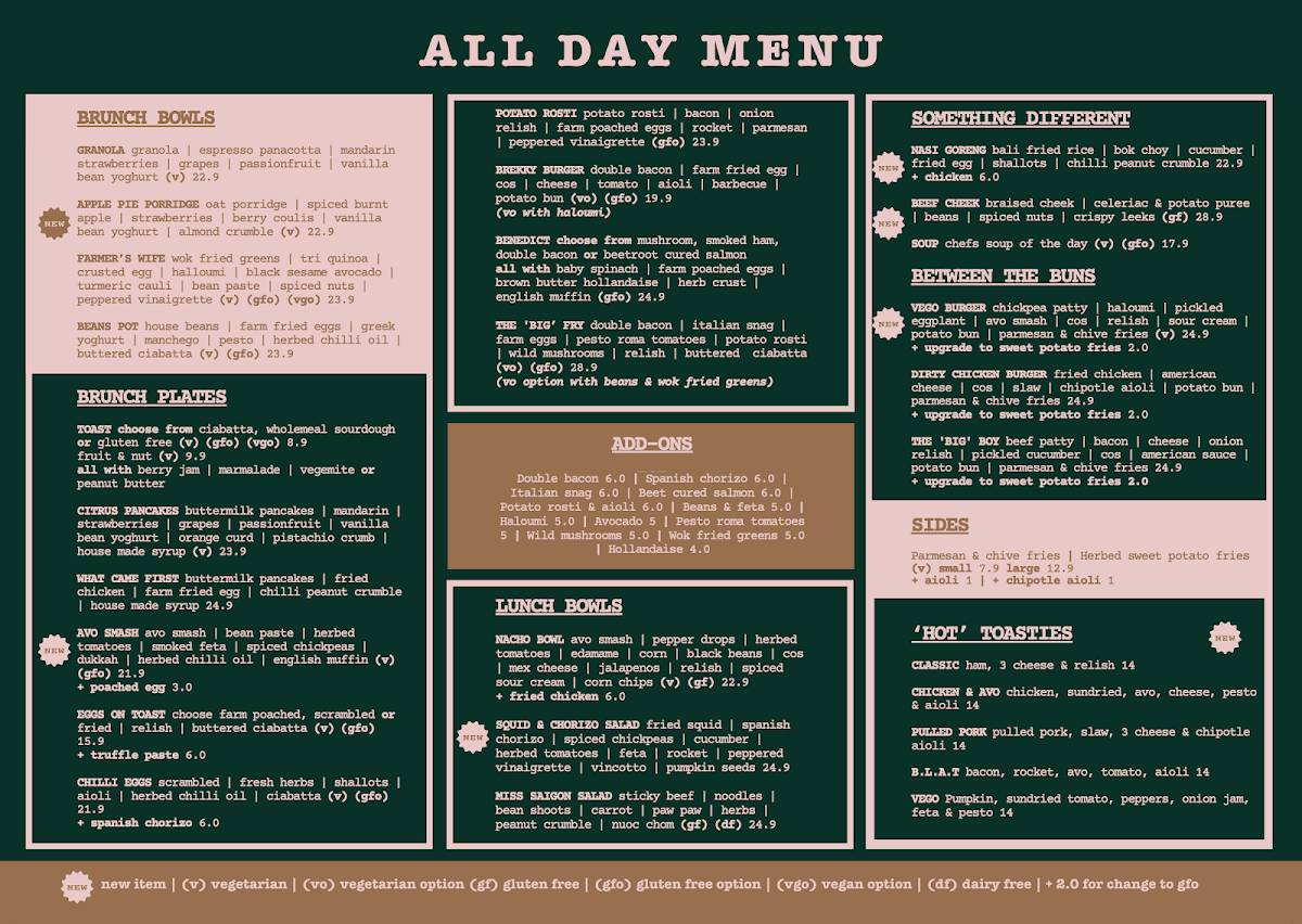 Menu at Benesse Australind cafe, Australind
