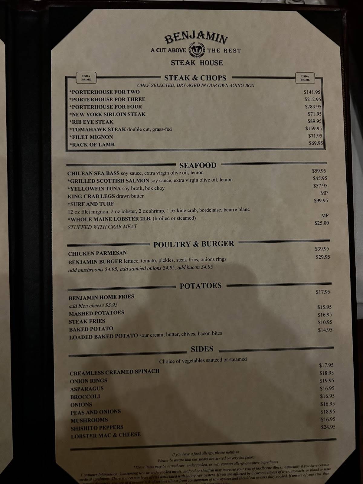Menu at Benjamin Steakhouse Prime, West New York