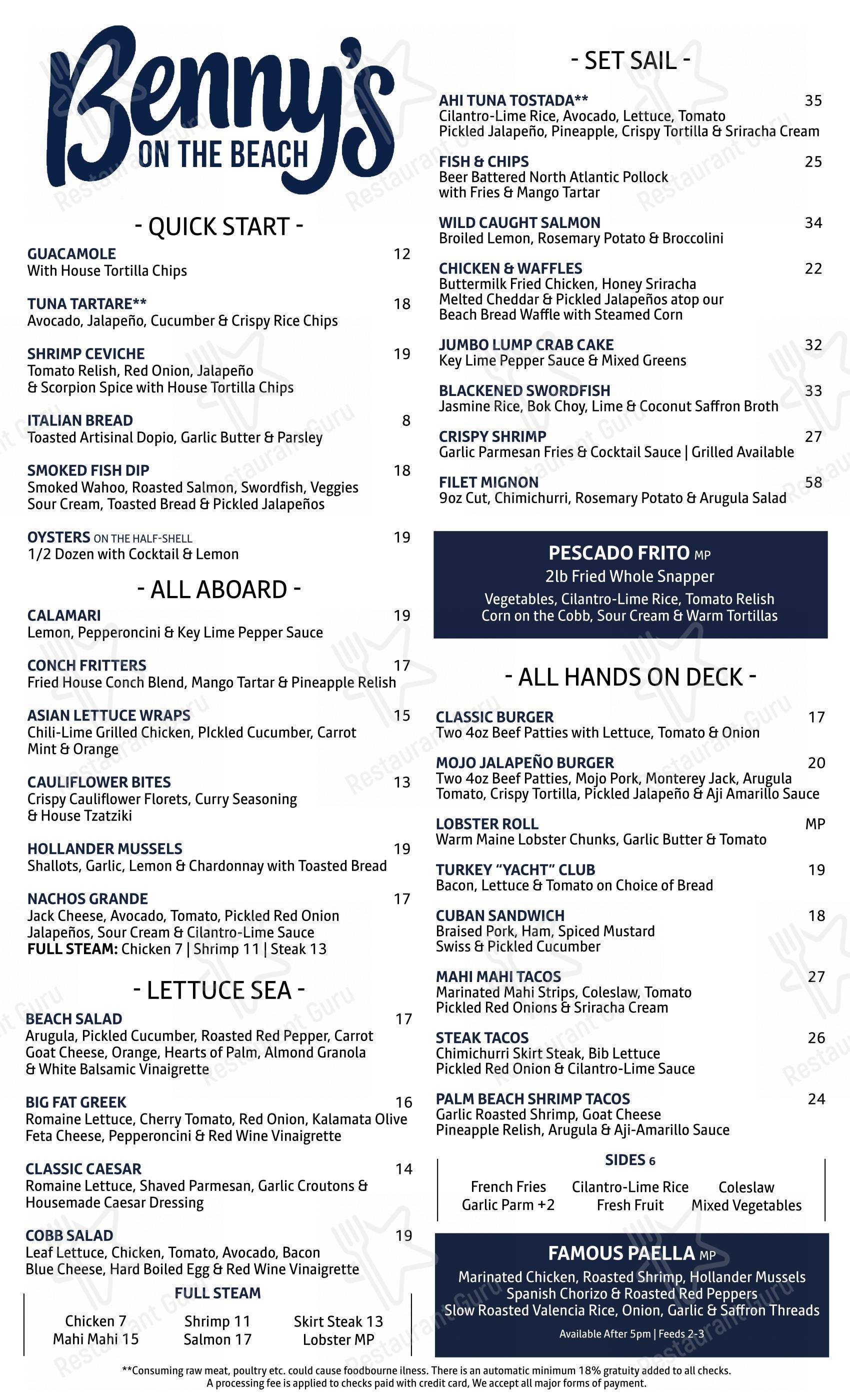 Menu at Benny's On The Beach - Pier pub & bar, Lake Worth