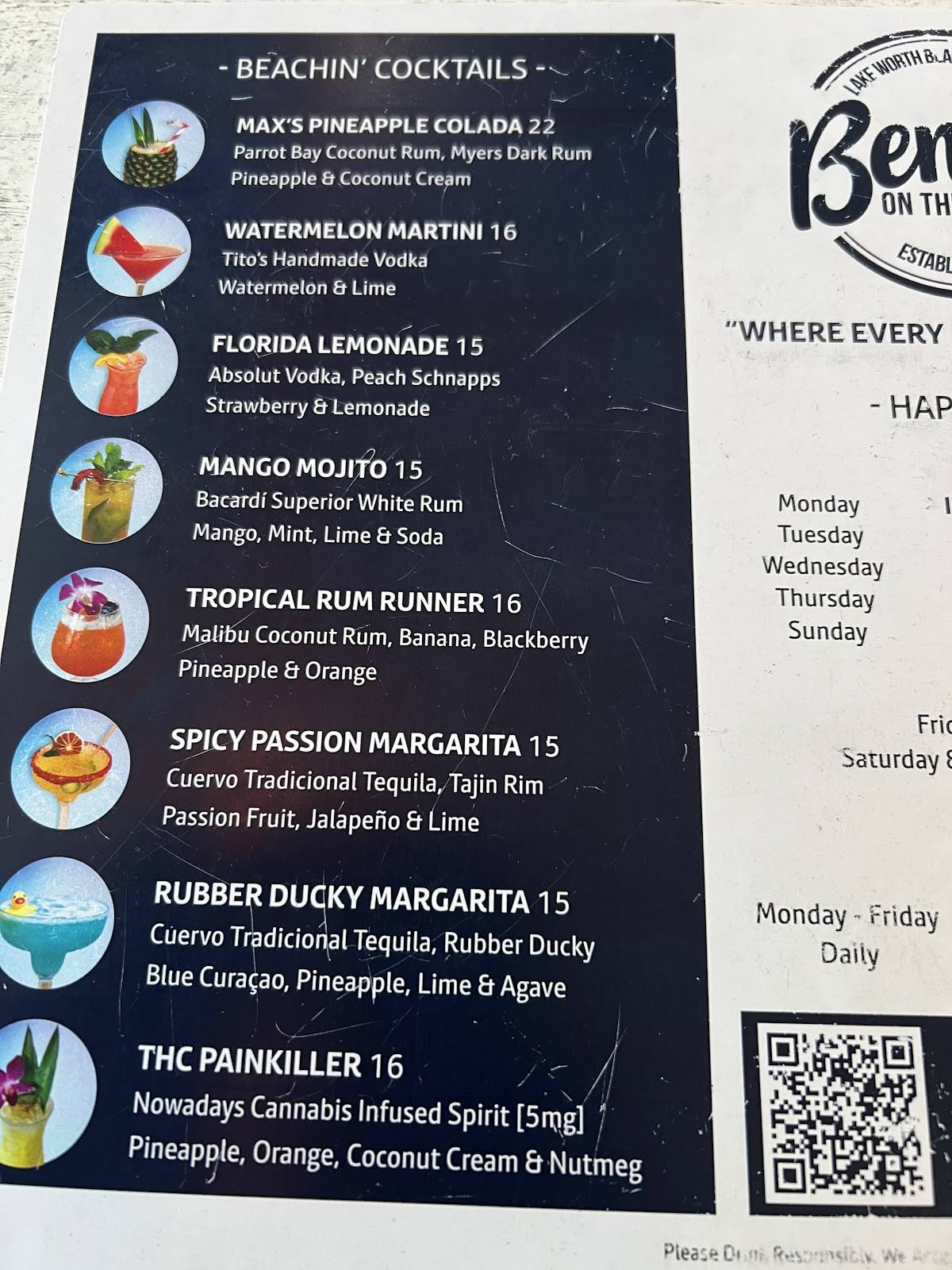 Menu at Benny's On The Beach - Pier pub & bar, Lake Worth
