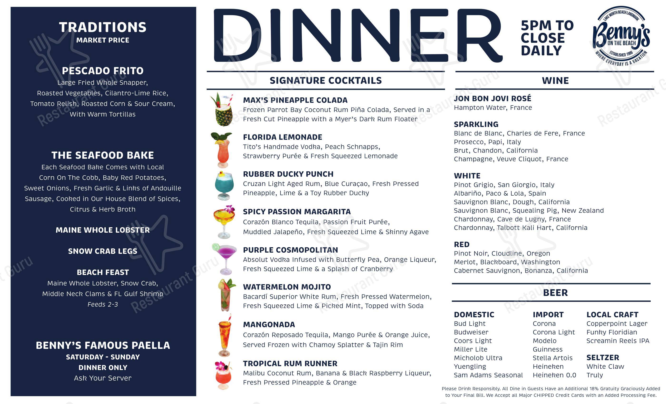 Menu at Benny's On The Beach - Pier pub & bar, Lake Worth