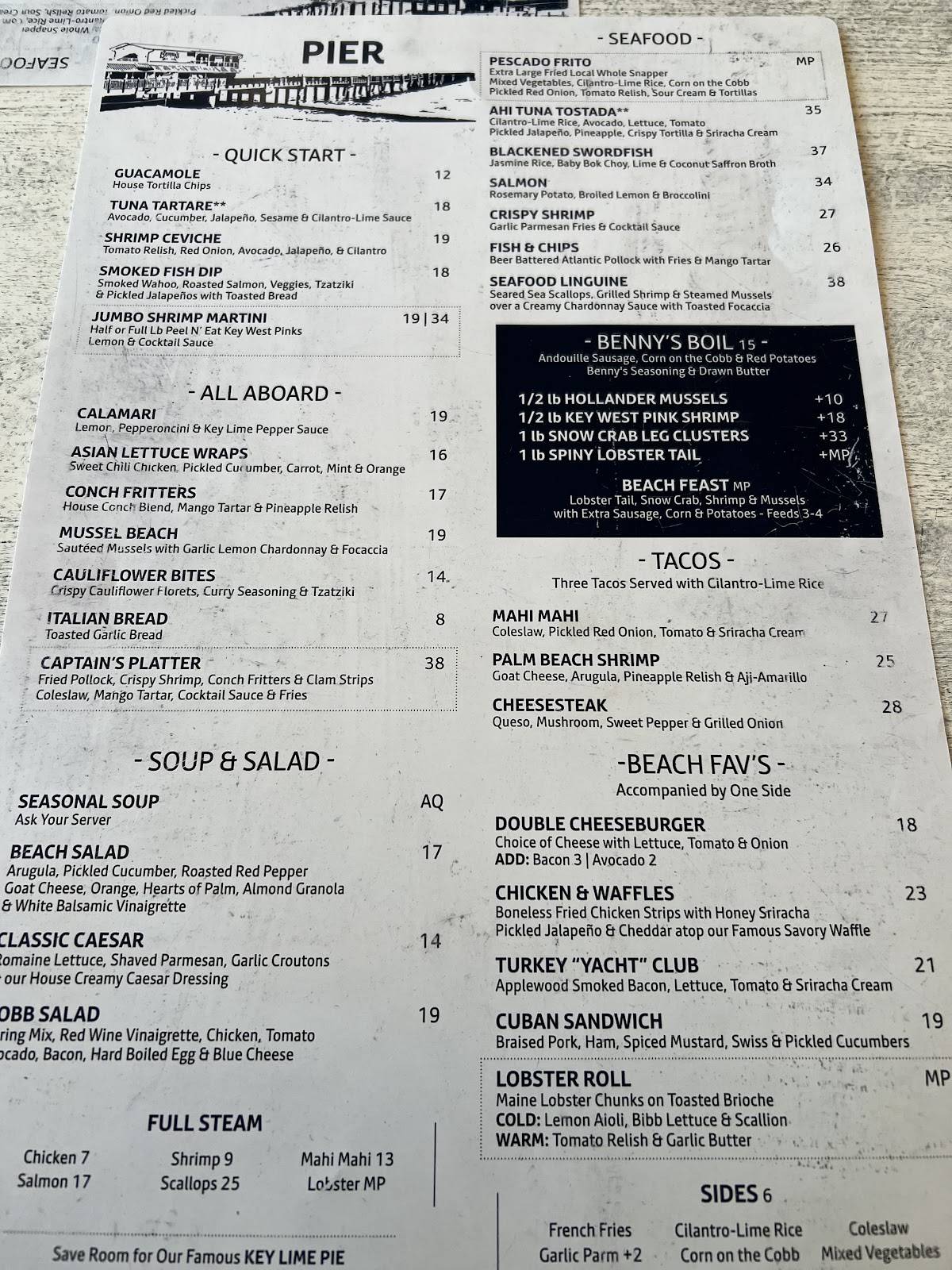 Menu at Benny's On The Beach - Pier pub & bar, Lake Worth