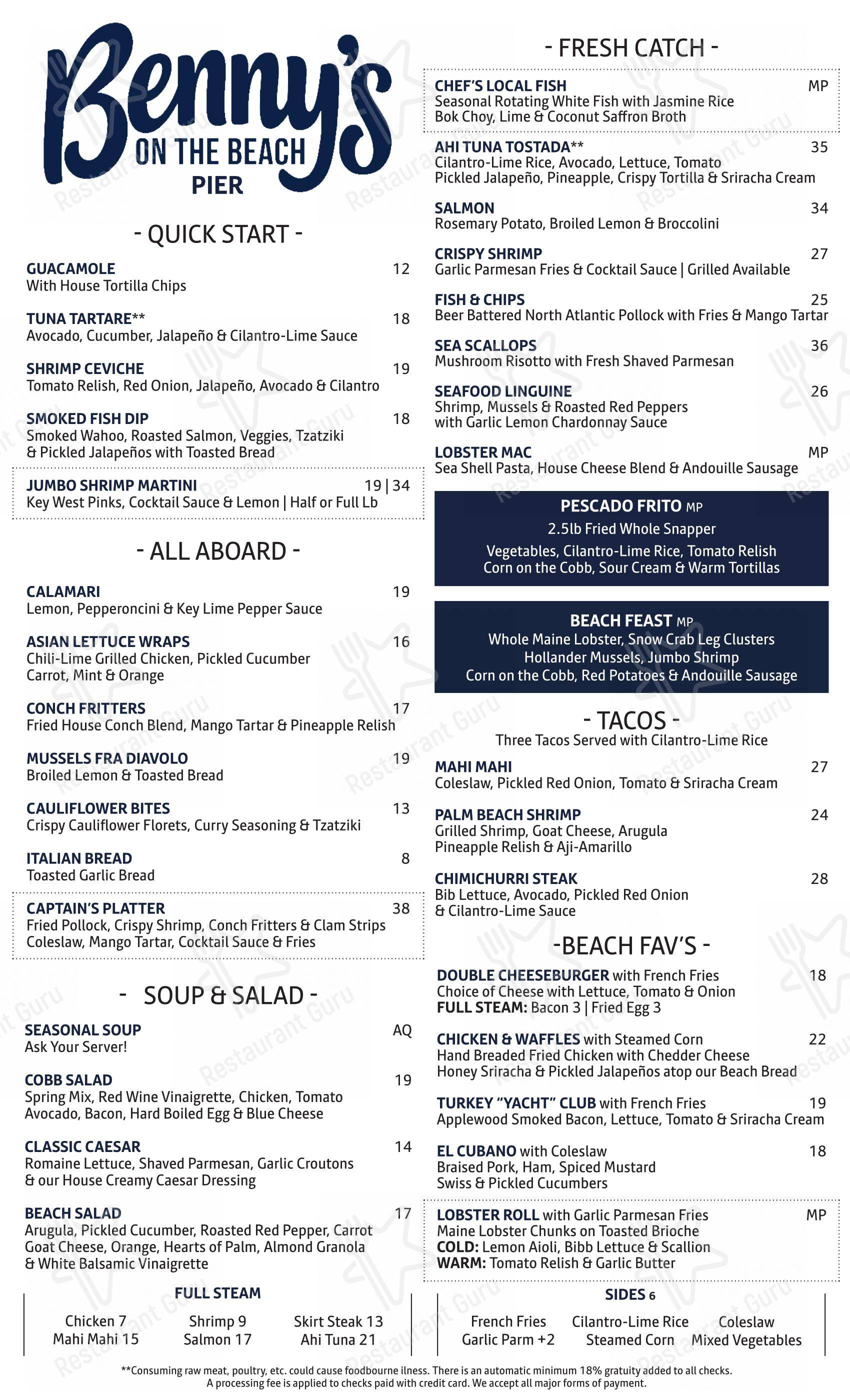 Menu at Benny's On The Beach - Pier pub & bar, Lake Worth