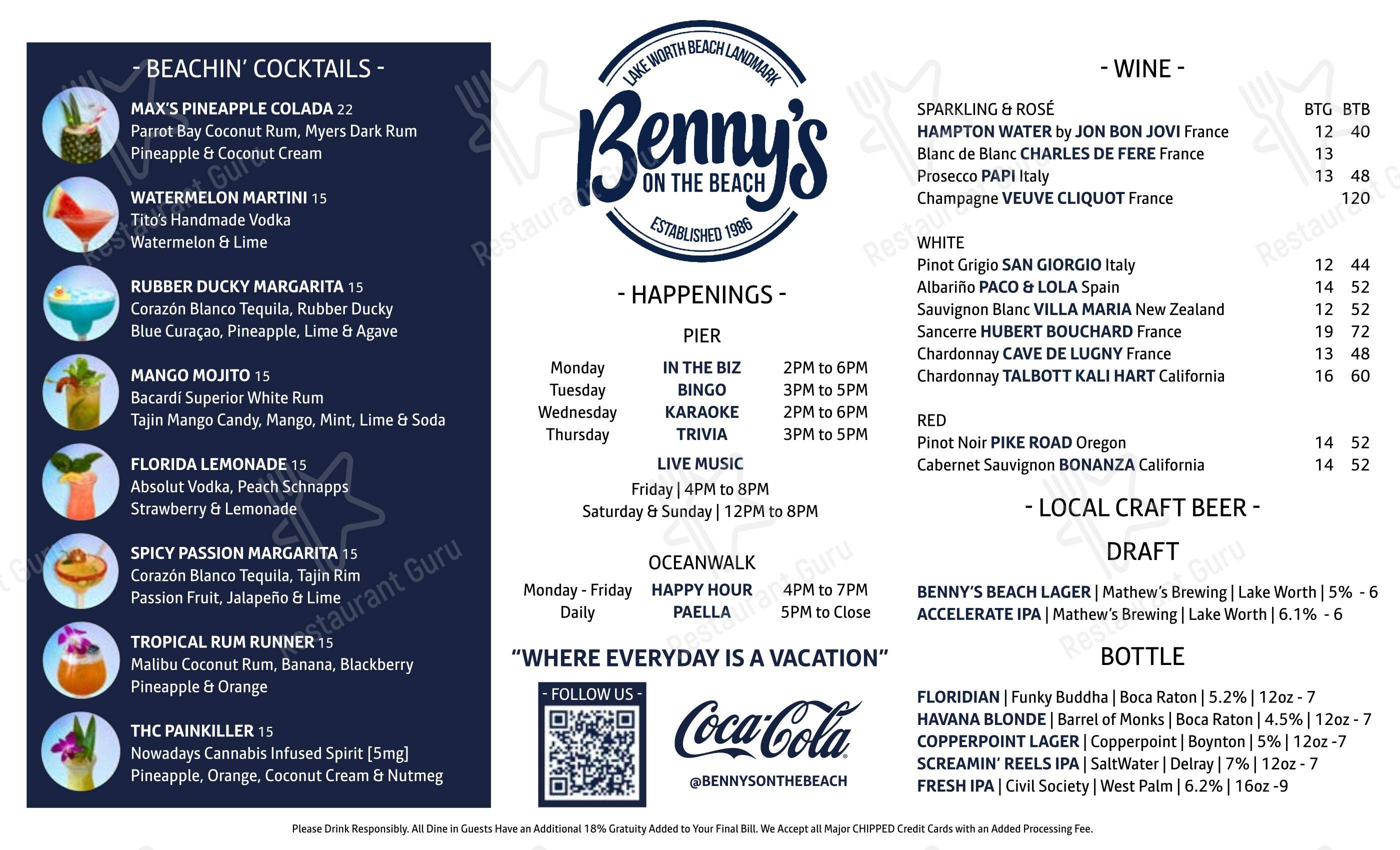 Menu at Benny's On The Beach - Pier pub & bar, Lake Worth