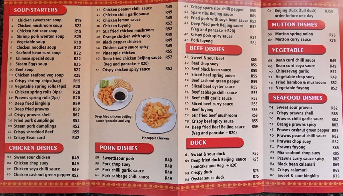 Menu at Beijing Chinese Restaurant, Boksburg, Shop No.14