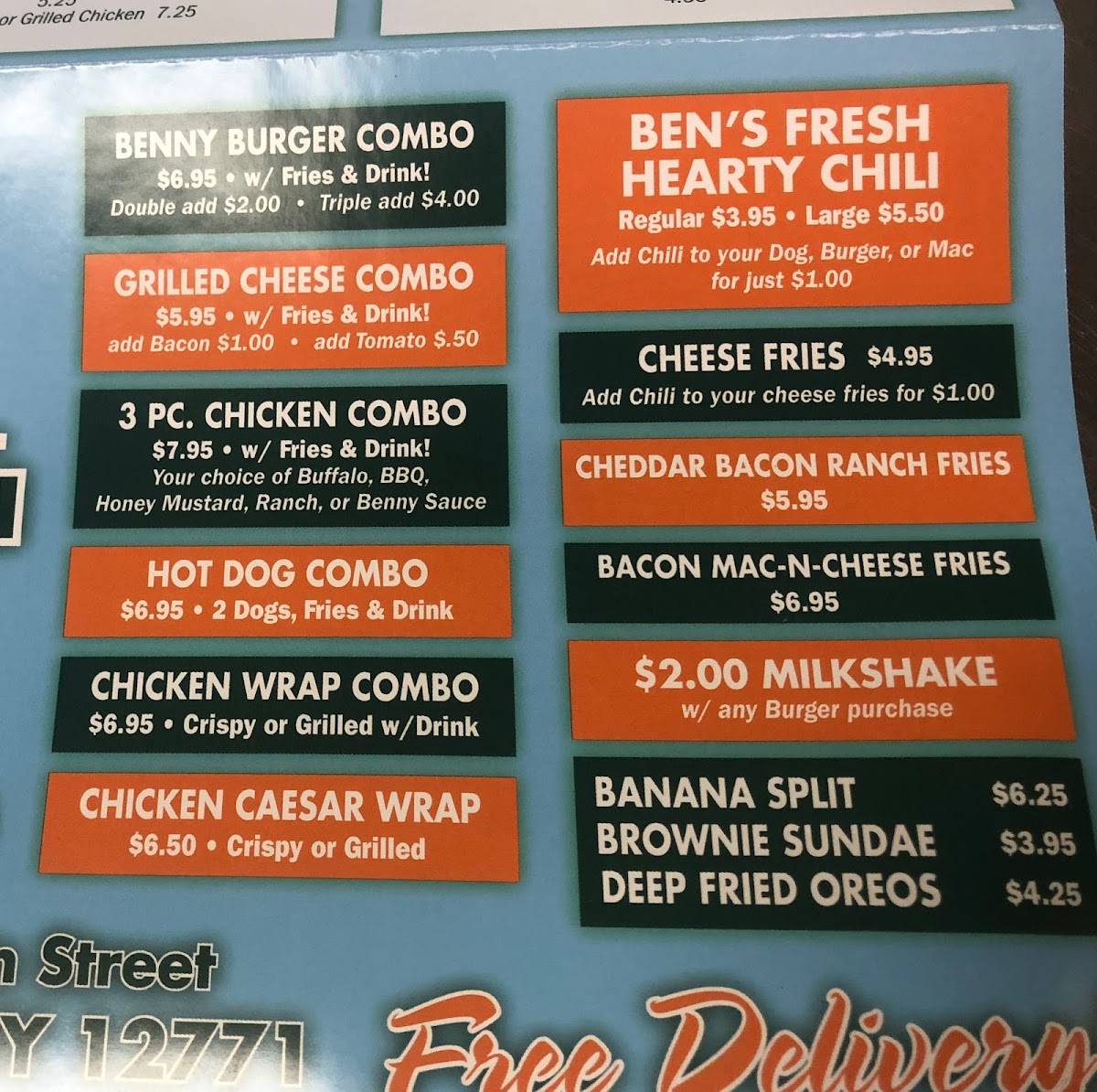 Menu at Ben's Fresh fast food, Port Jervis