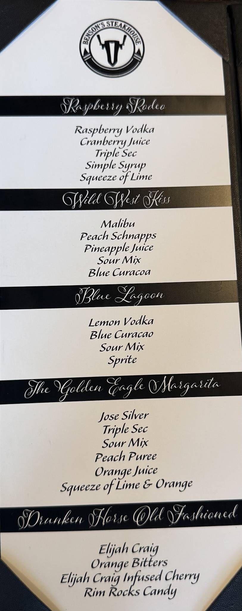 Menu at Benson’s Steakhouse, Hattiesburg