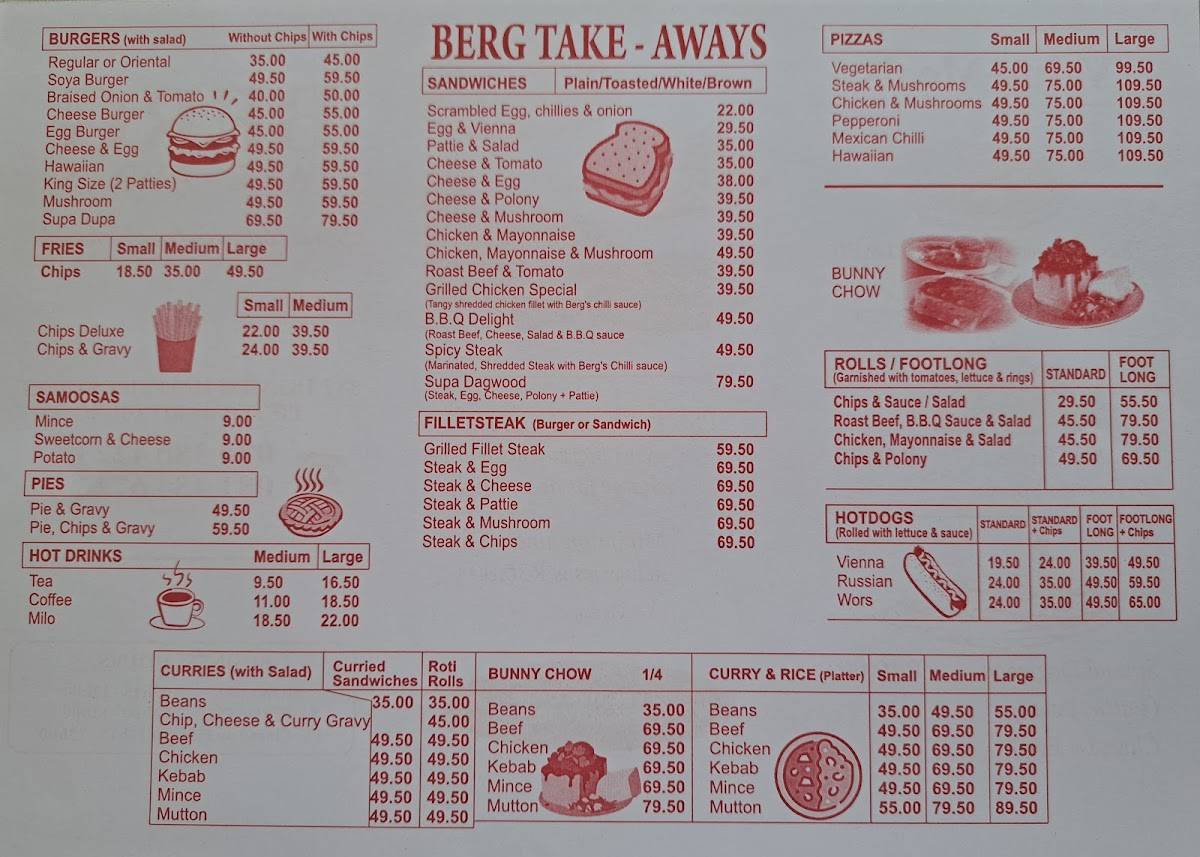 Menu at Berg Take-Aways cafe, Pietermaritzburg