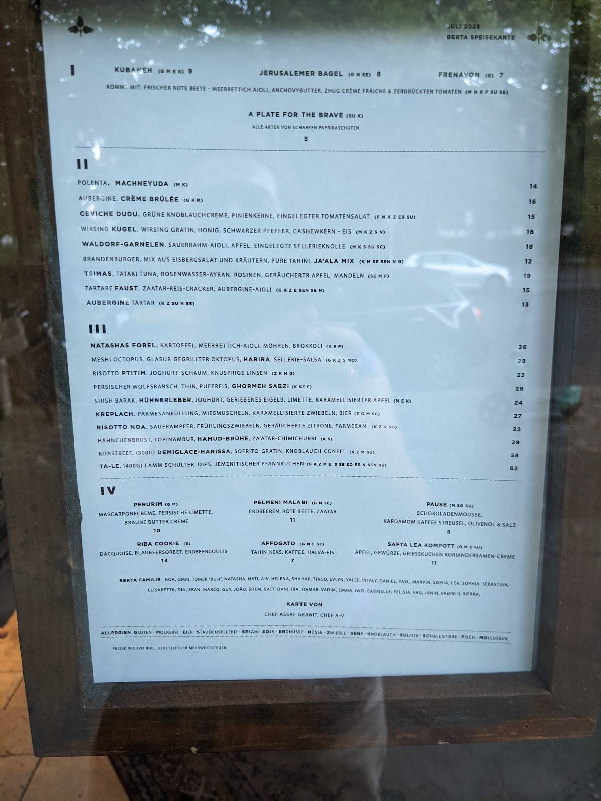 Speisekarte von Berta restaurant, Berlin, Stresemannstraße 99