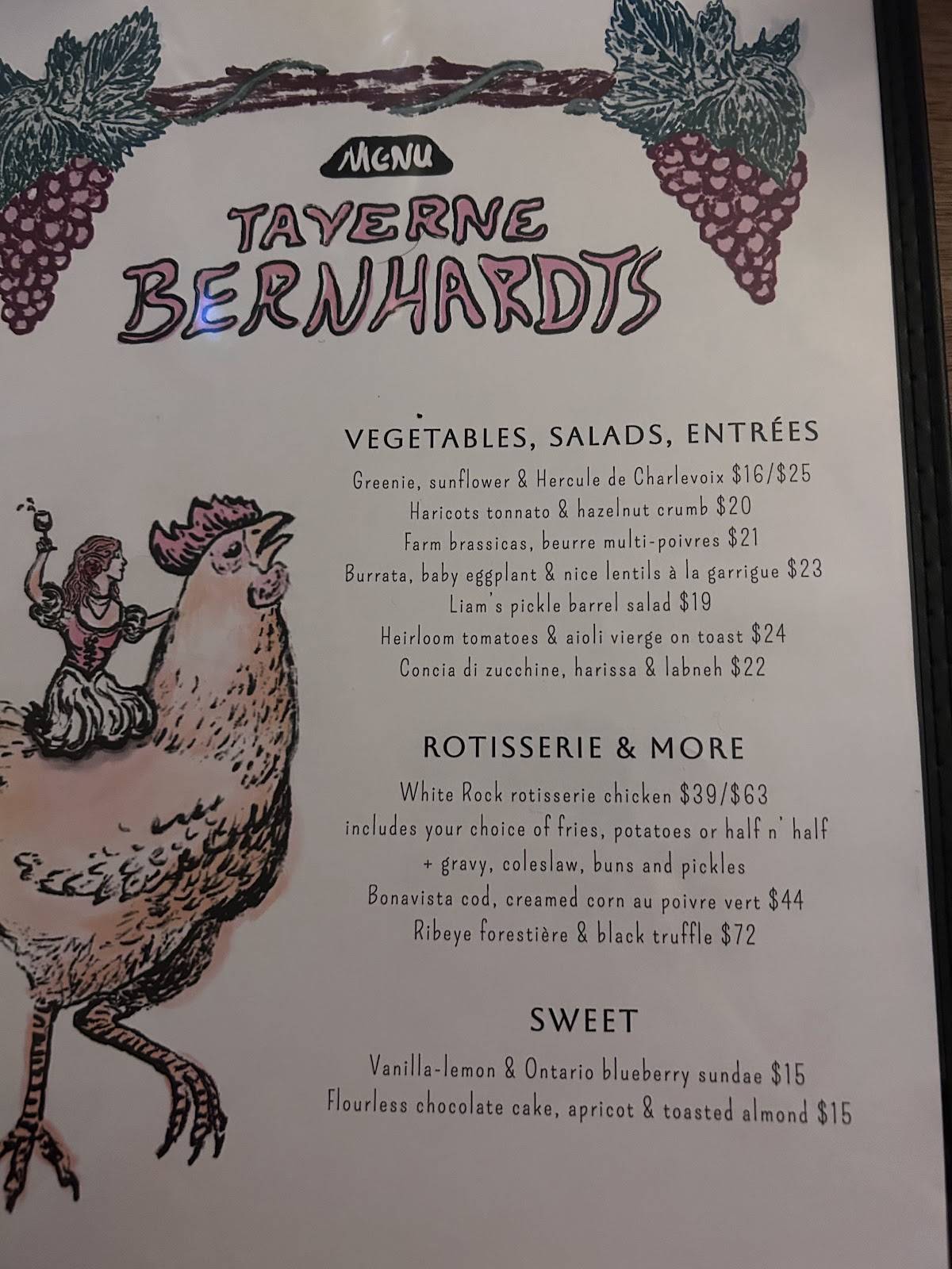 Menu at Bernhardt's restaurant, Toronto