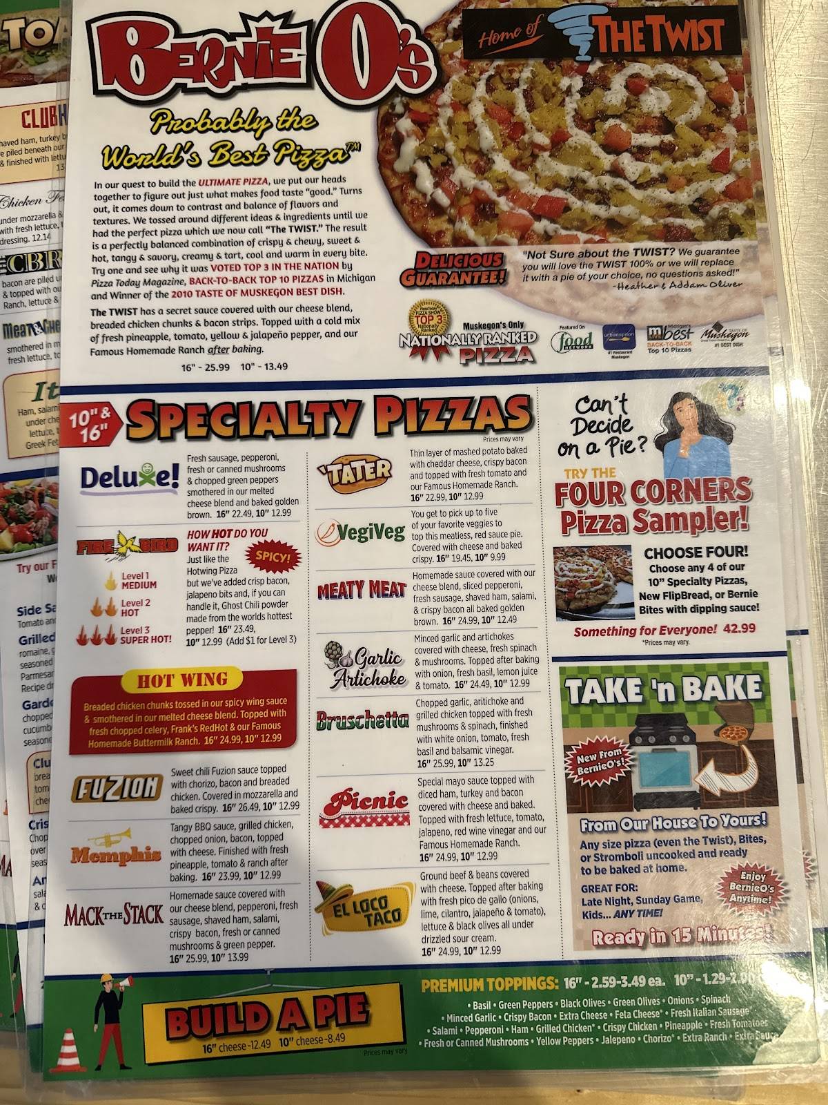 Menu at Bernie O's Pizza pizzeria, North Muskegon, 321 Center St