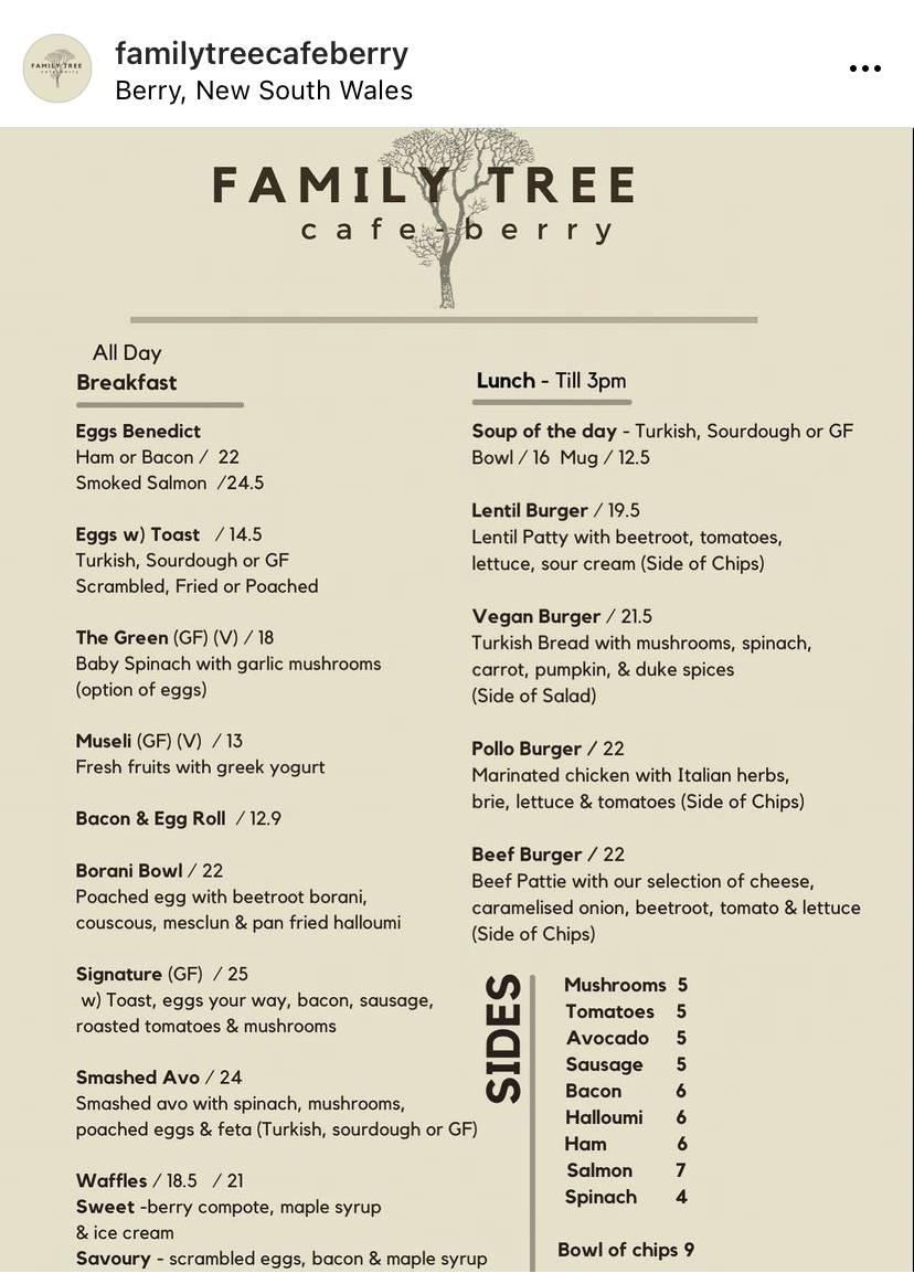 Menu at Family Tree Cafe & Restaurant, Berry