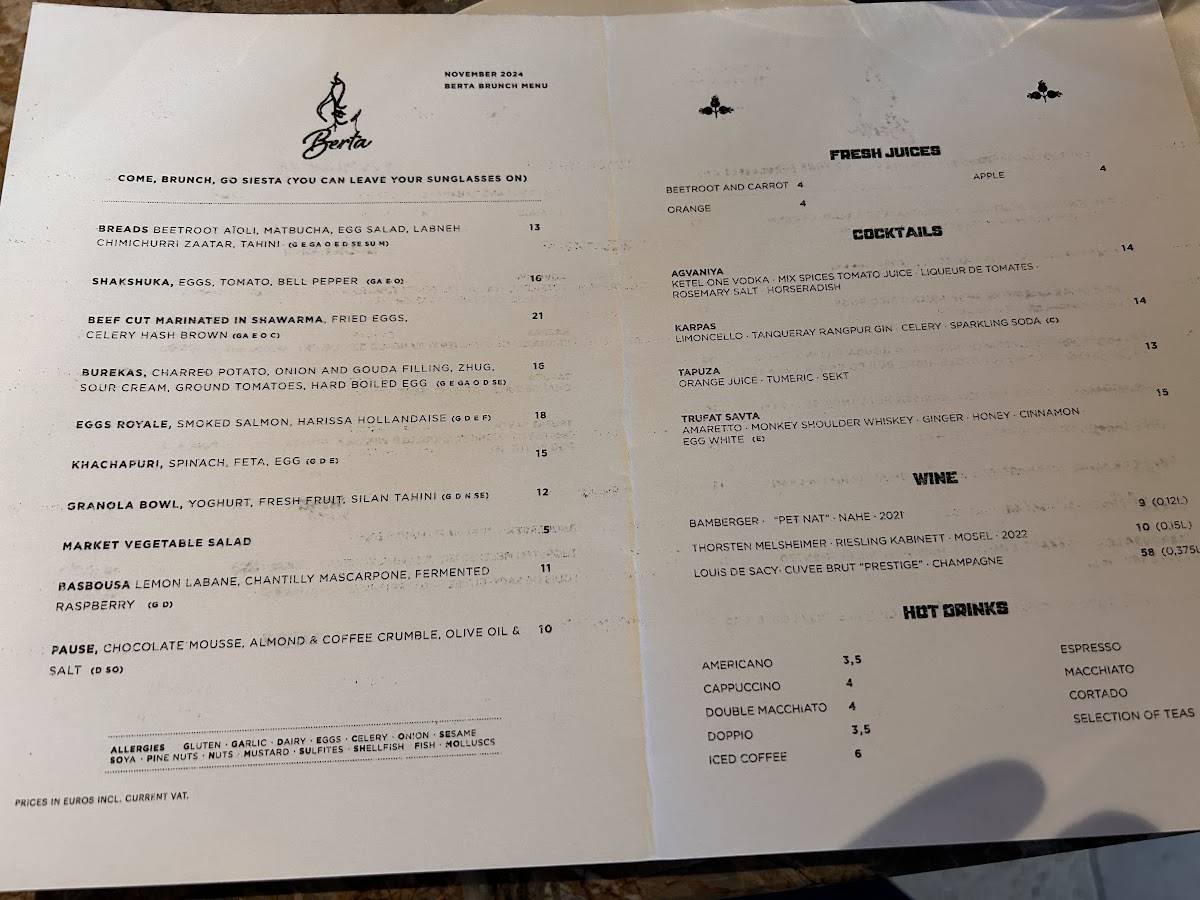 Speisekarte von Berta restaurant, Berlin, Stresemannstraße 99