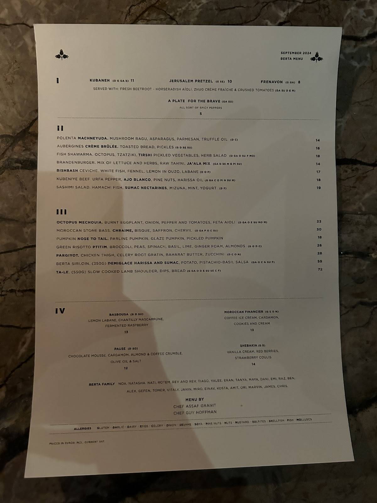 Speisekarte von Berta restaurant, Berlin, Stresemannstraße 99