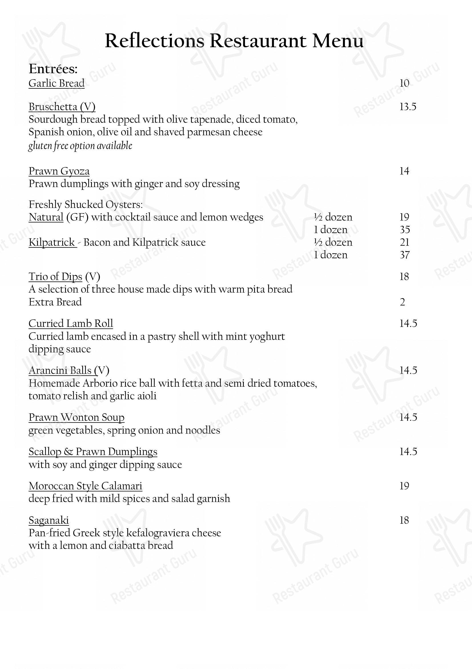 Menu at The Reflections restaurant, Attwood