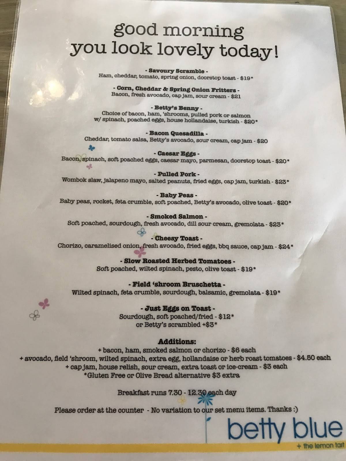 Menu at Betty Blue & The Lemon Tart restaurant, Townsville, 95 Denham St