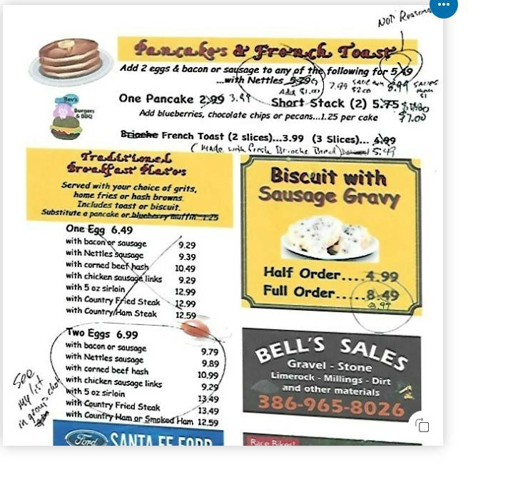 Menu at Bev's Burger Café BBQ, High Springs, NW US Hwy 441