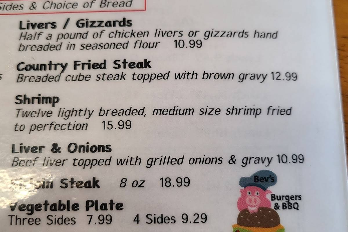 Menu at Bev's Burger Café BBQ, High Springs, NW US Hwy 441