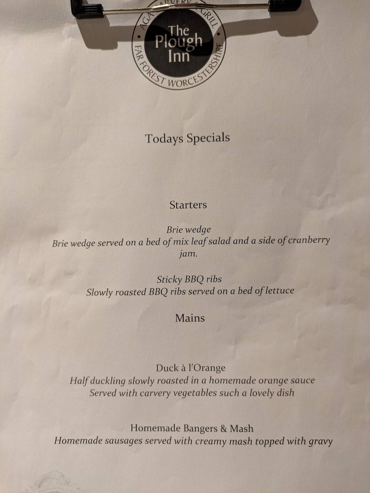 Menu at The Plough Inn pub & bar, Far Forest, The Plough Inn