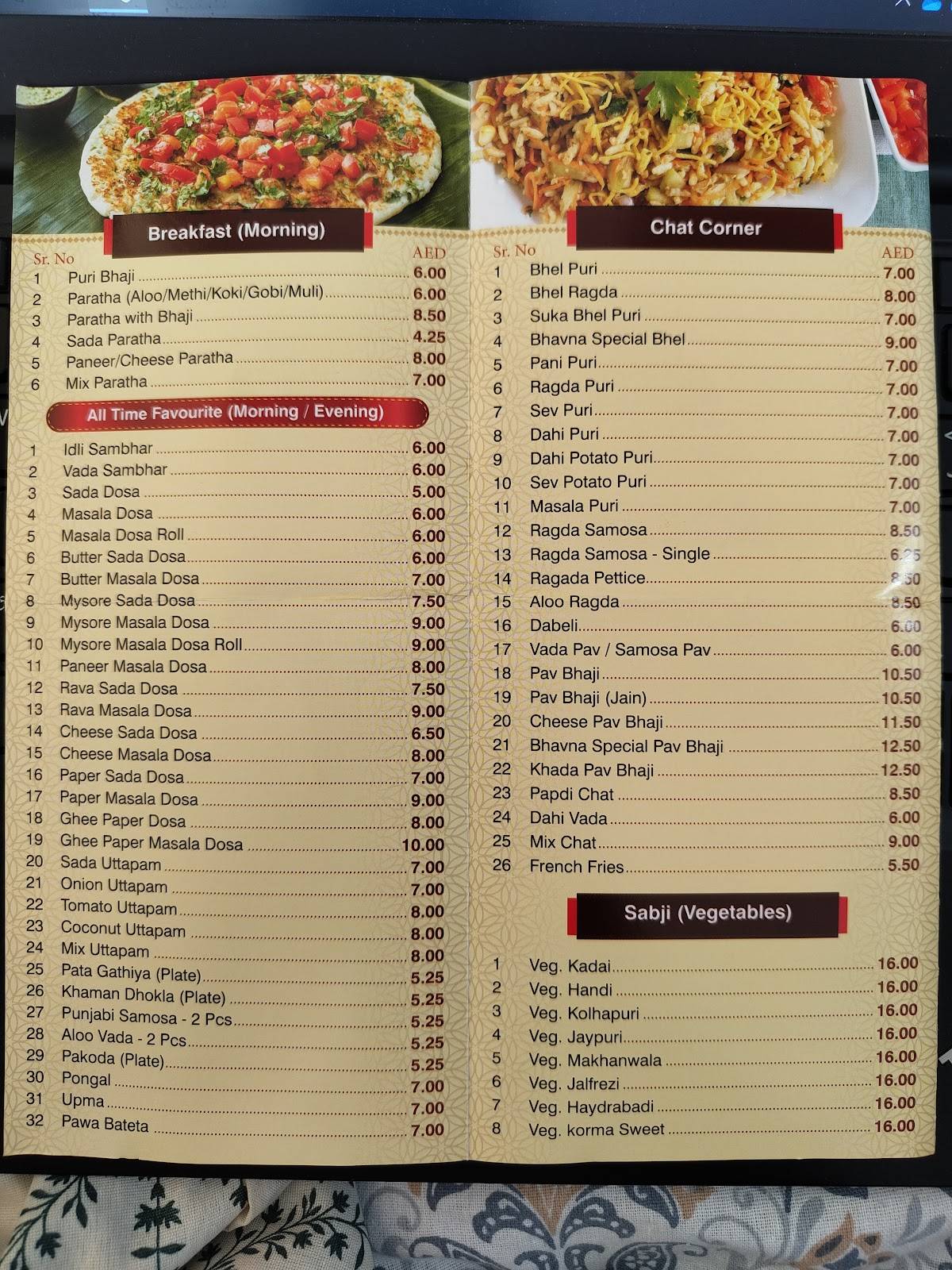 Carta de Bhavna Restaurant, Abu Dabi, Sheikh Hamdan Bin Mohammed Street ...