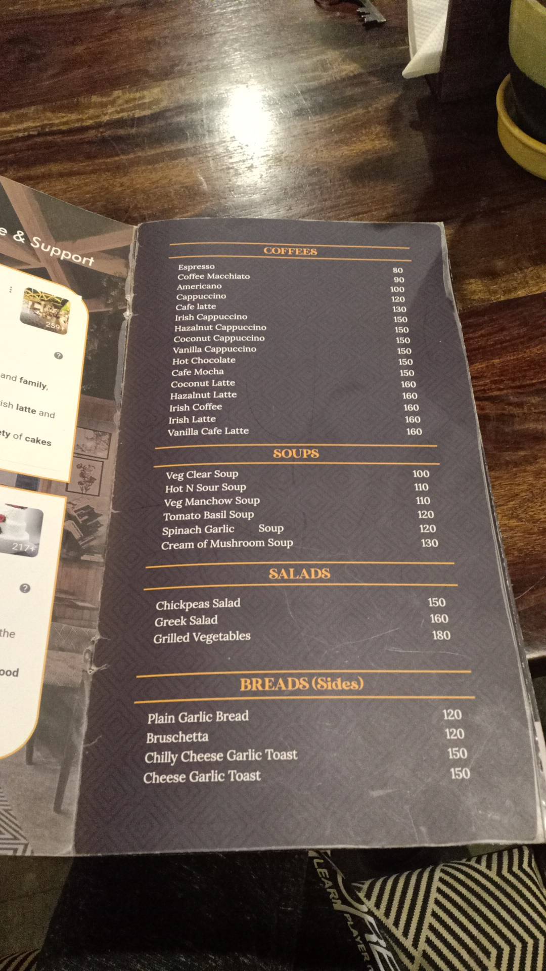 Menu at Café Nadora, Bhopal