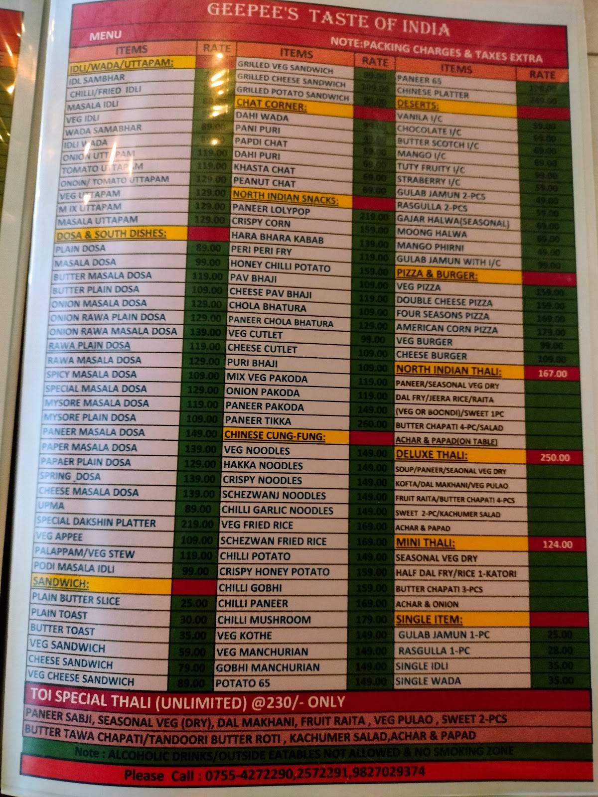 Menu at Taste of India Veg Restaurant Caterer Bhopal, Bhopal