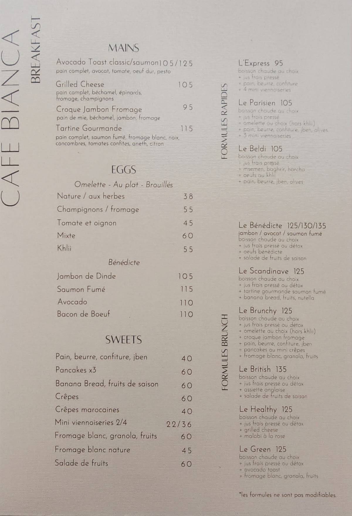 Menu au Café Bianca, Casablanca, Av. Habib Sinaceur