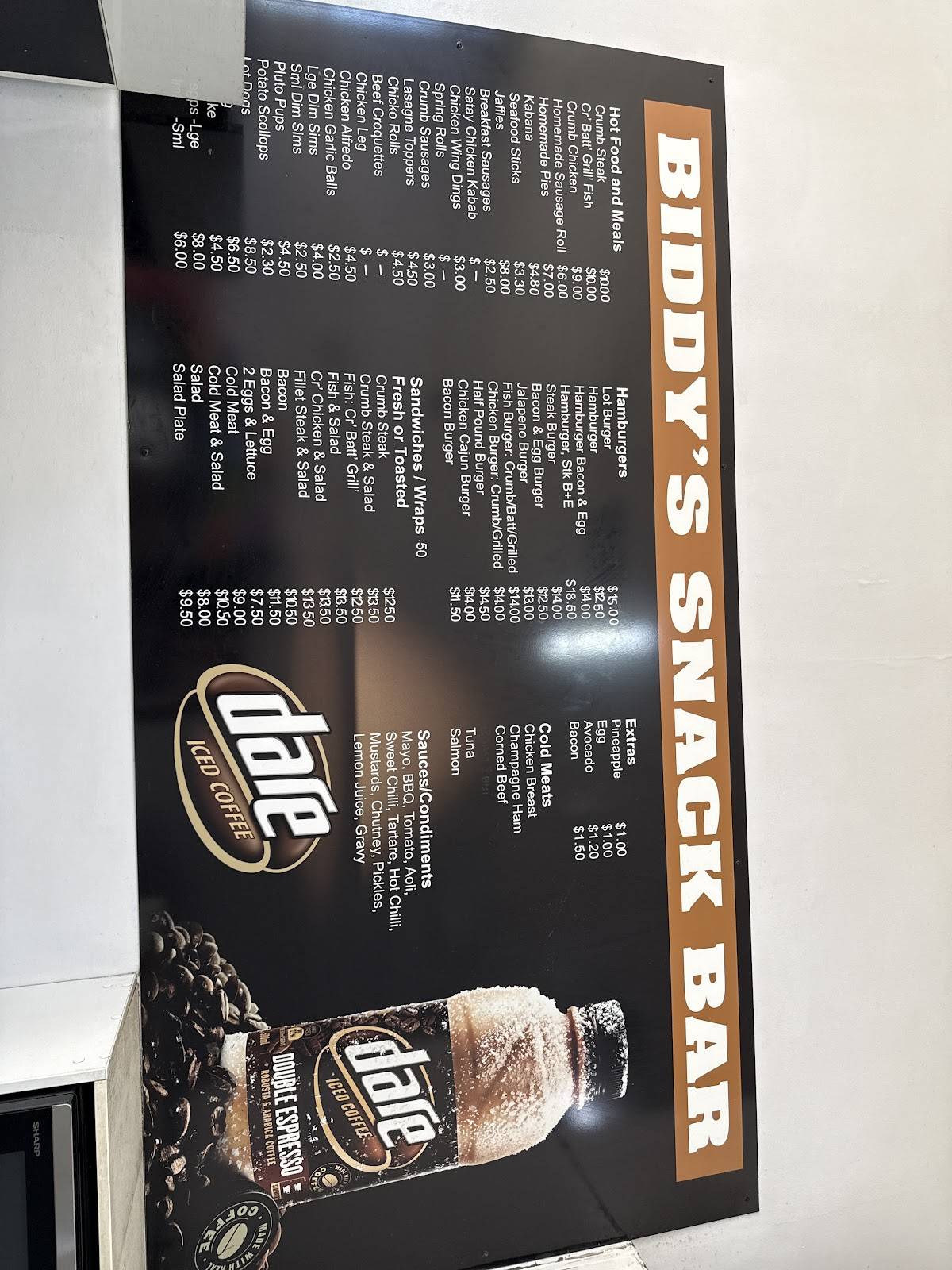 Menu at Biddy's Snack Bar, Garbutt
