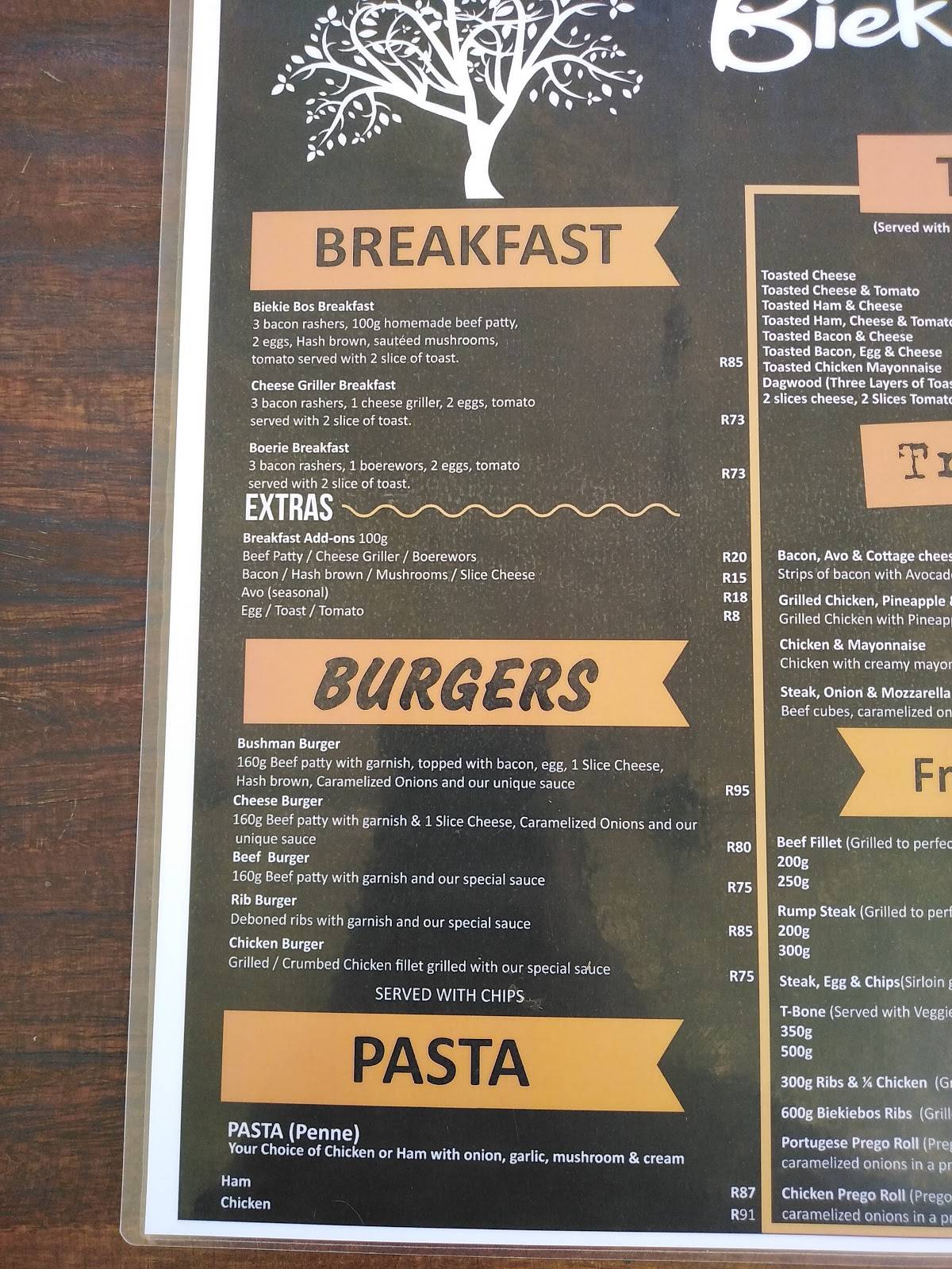 Menu at Biekie Bos restaurant, Meyerton