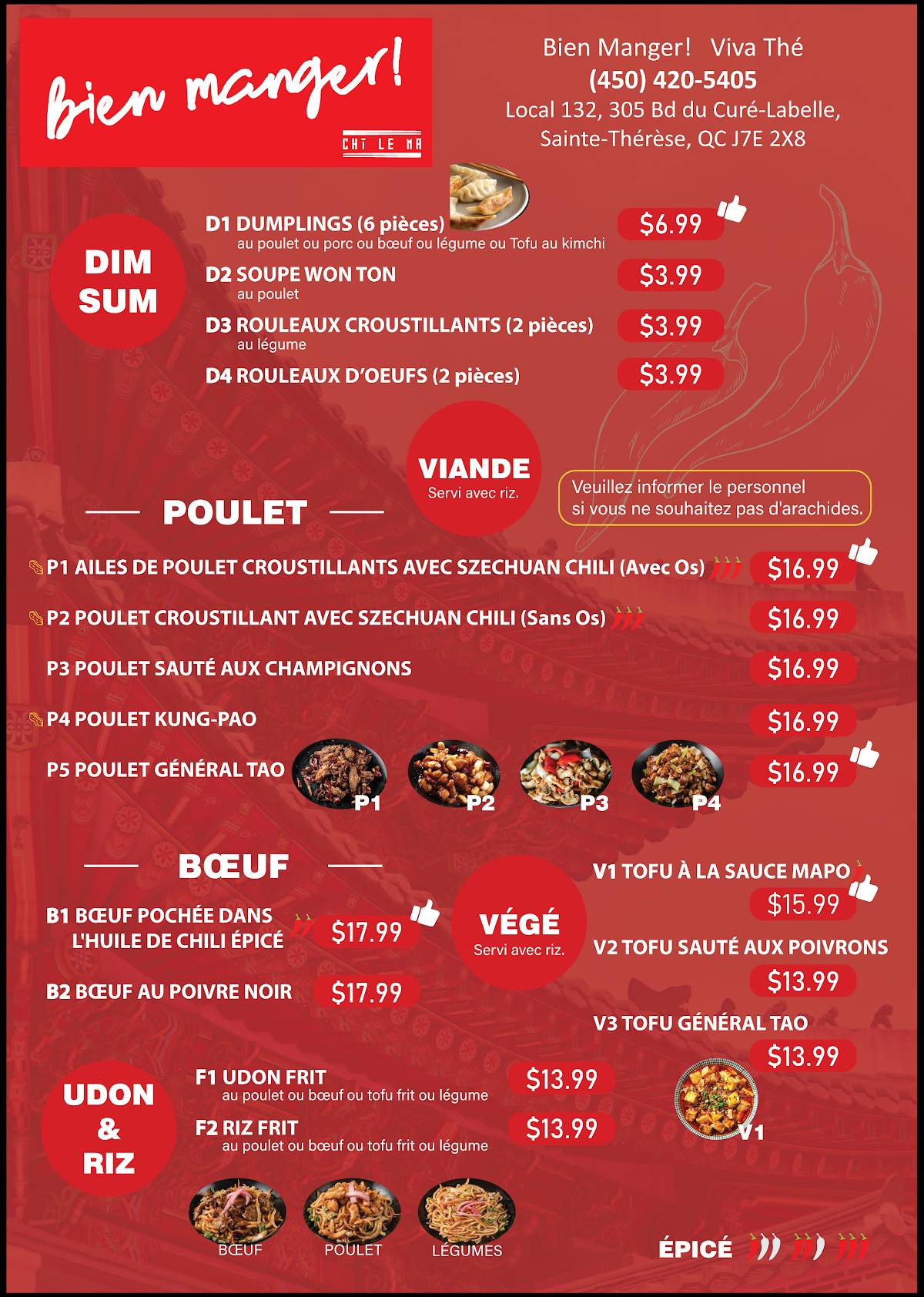 Menu at Bien Manger! -CHi LE MA Montréal restaurant, Sainte-Thérèse