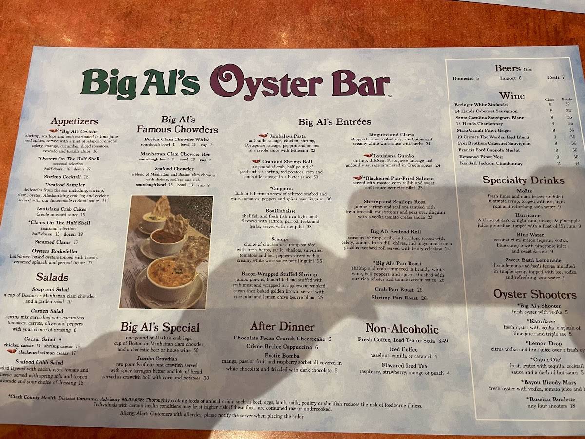 Menu at Big Al's Oyster Bar, Las Vegas, W Tropicana Ave