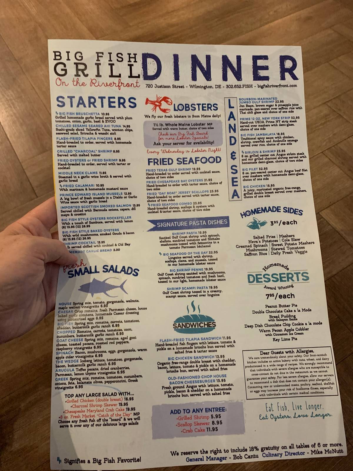 Menu at Big Fish Grill on the Riverfront pub & bar, Wilmington