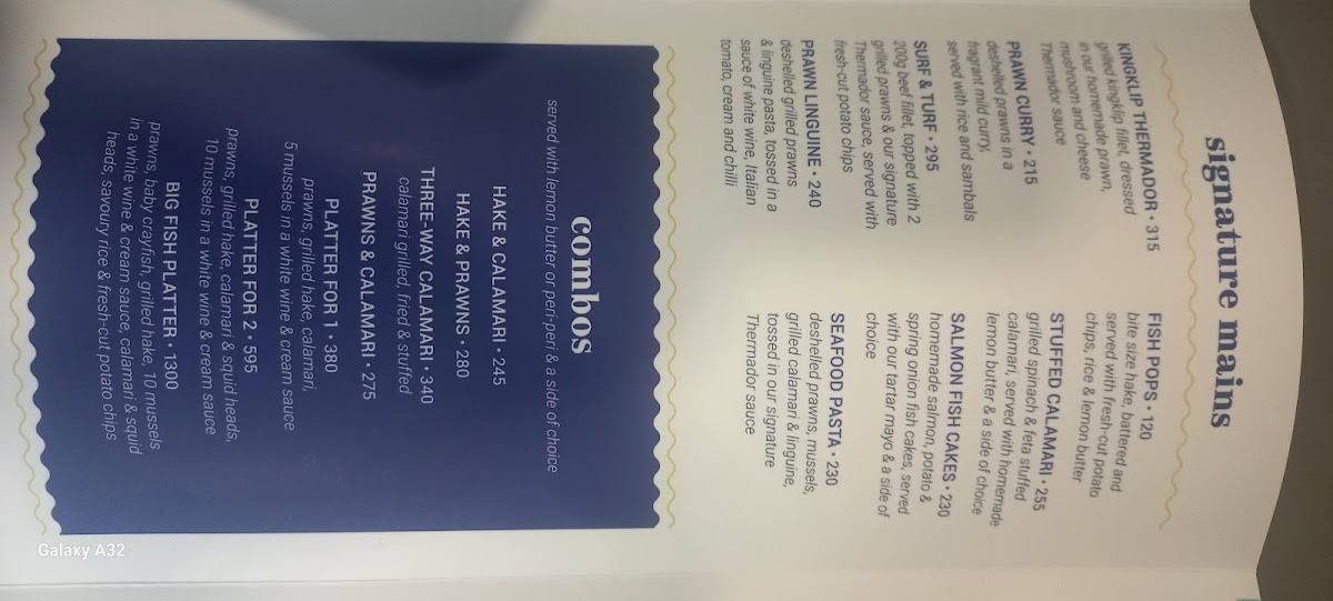 Menu at Big Fish restaurant, Umhlanga