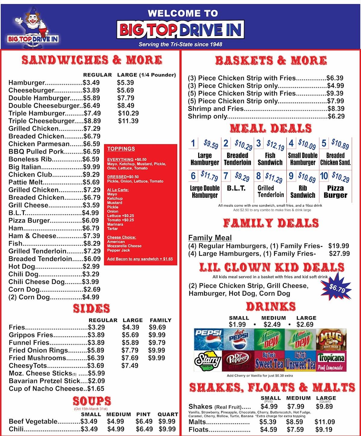 Menu at Big Top Drive In restaurant, Evansville, W Maryland St
