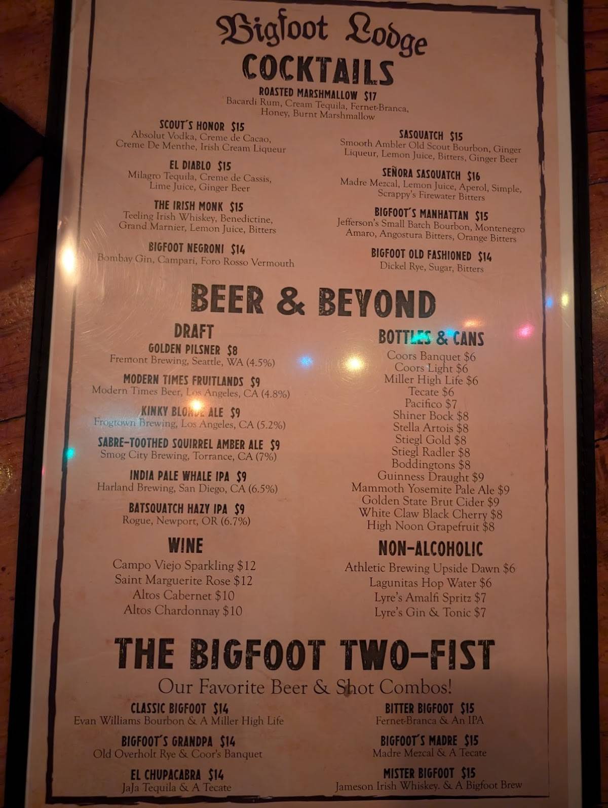 Menu at Bigfoot Lodge pub & bar, Los Angeles