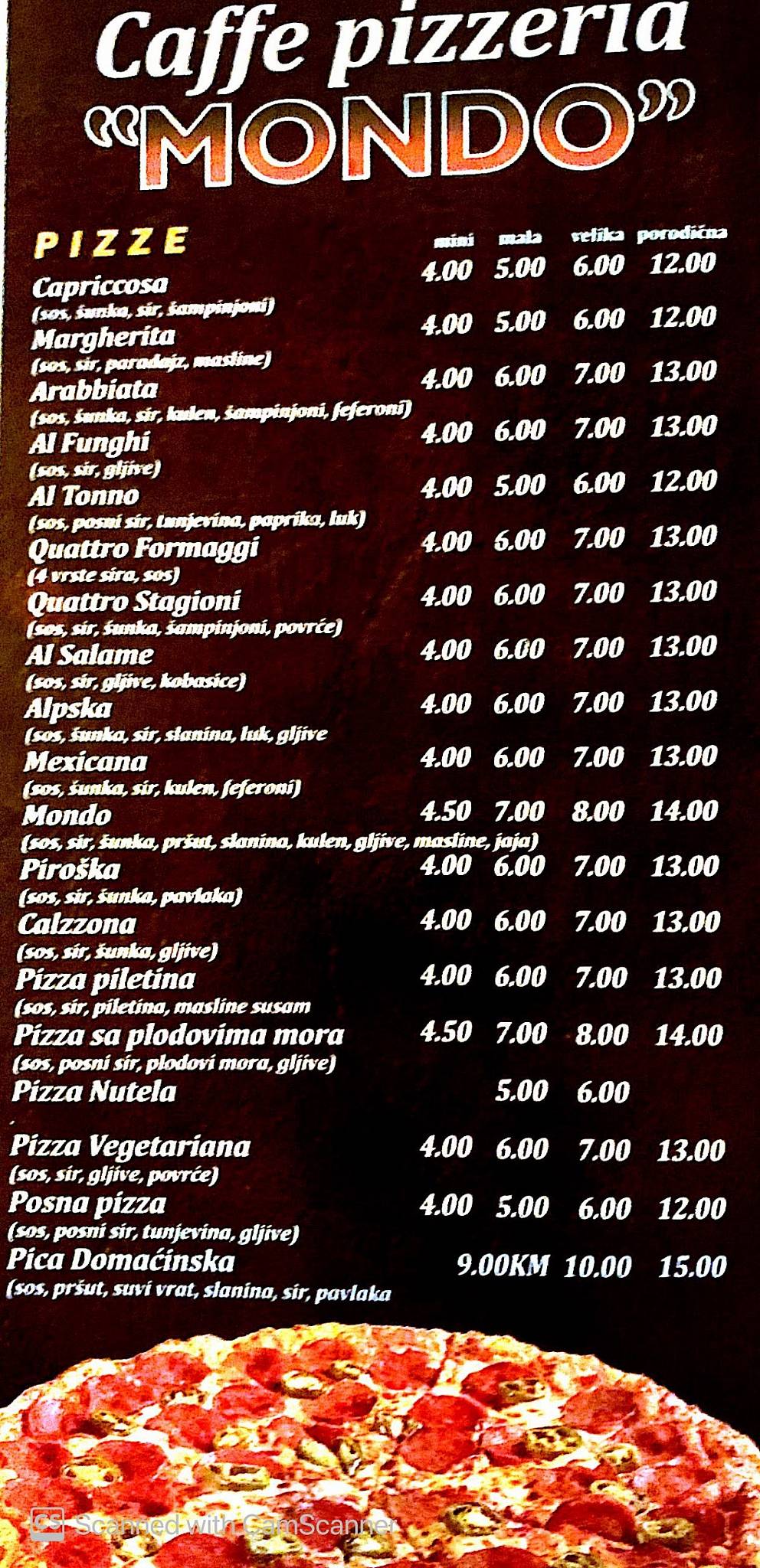 Menu at Mondo restaurant, Bijeljina