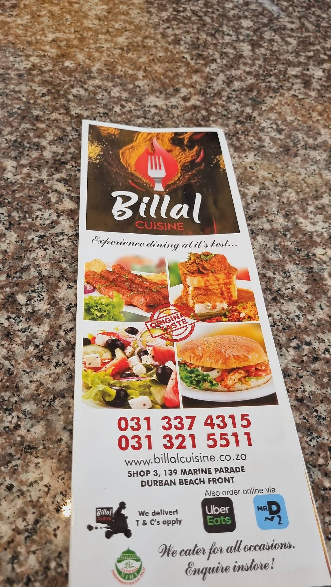 Menu at Billal Cuisine North Beach Branch restaurant, Durban