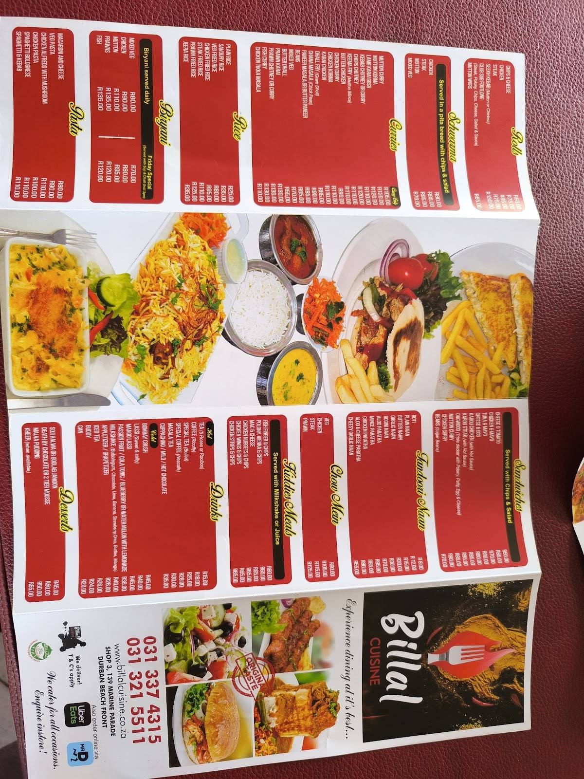 Menu at Billal Cuisine North Beach Branch restaurant, Durban