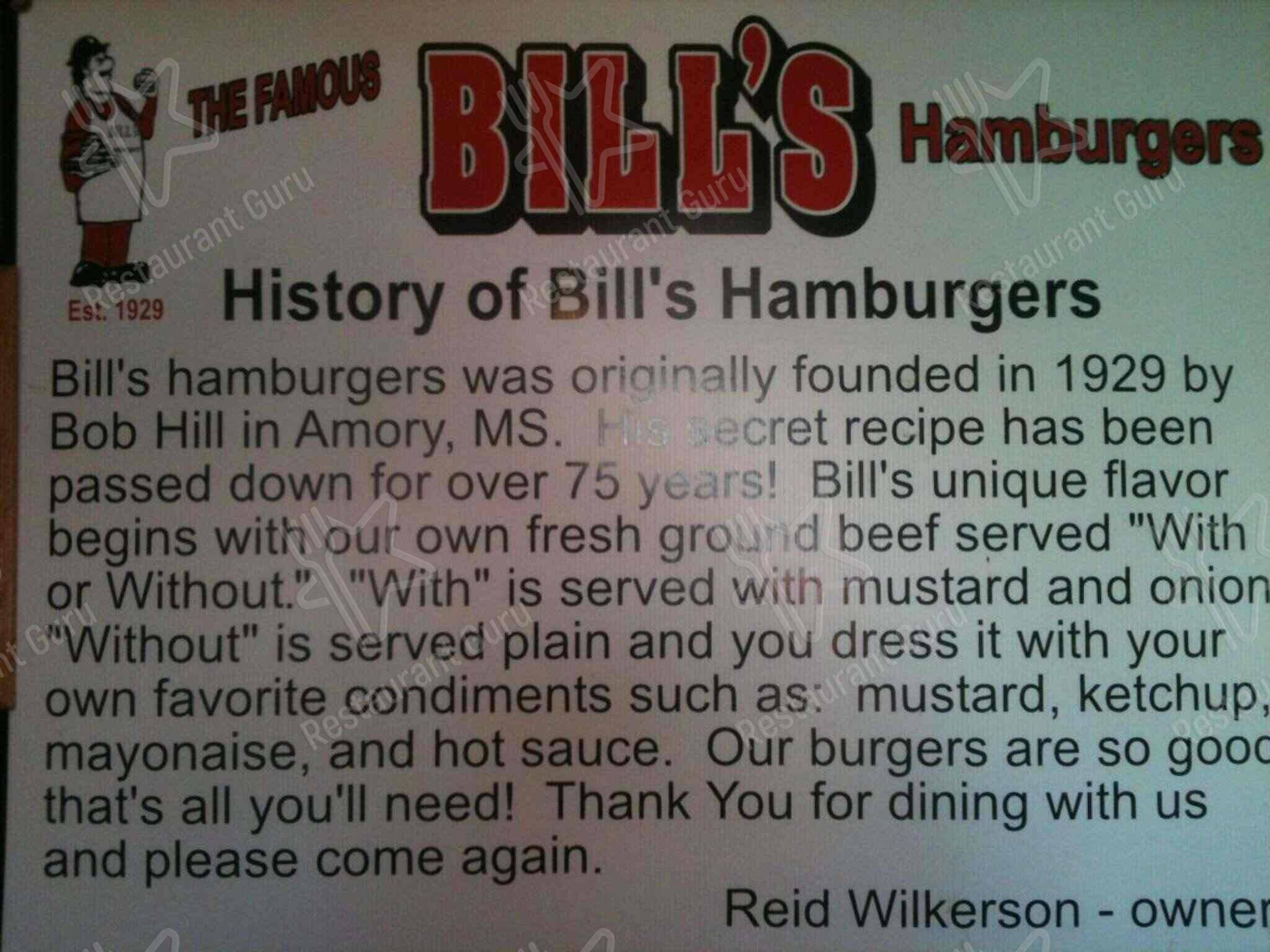 Menu at Bill's Hamburgers restaurant, Amory