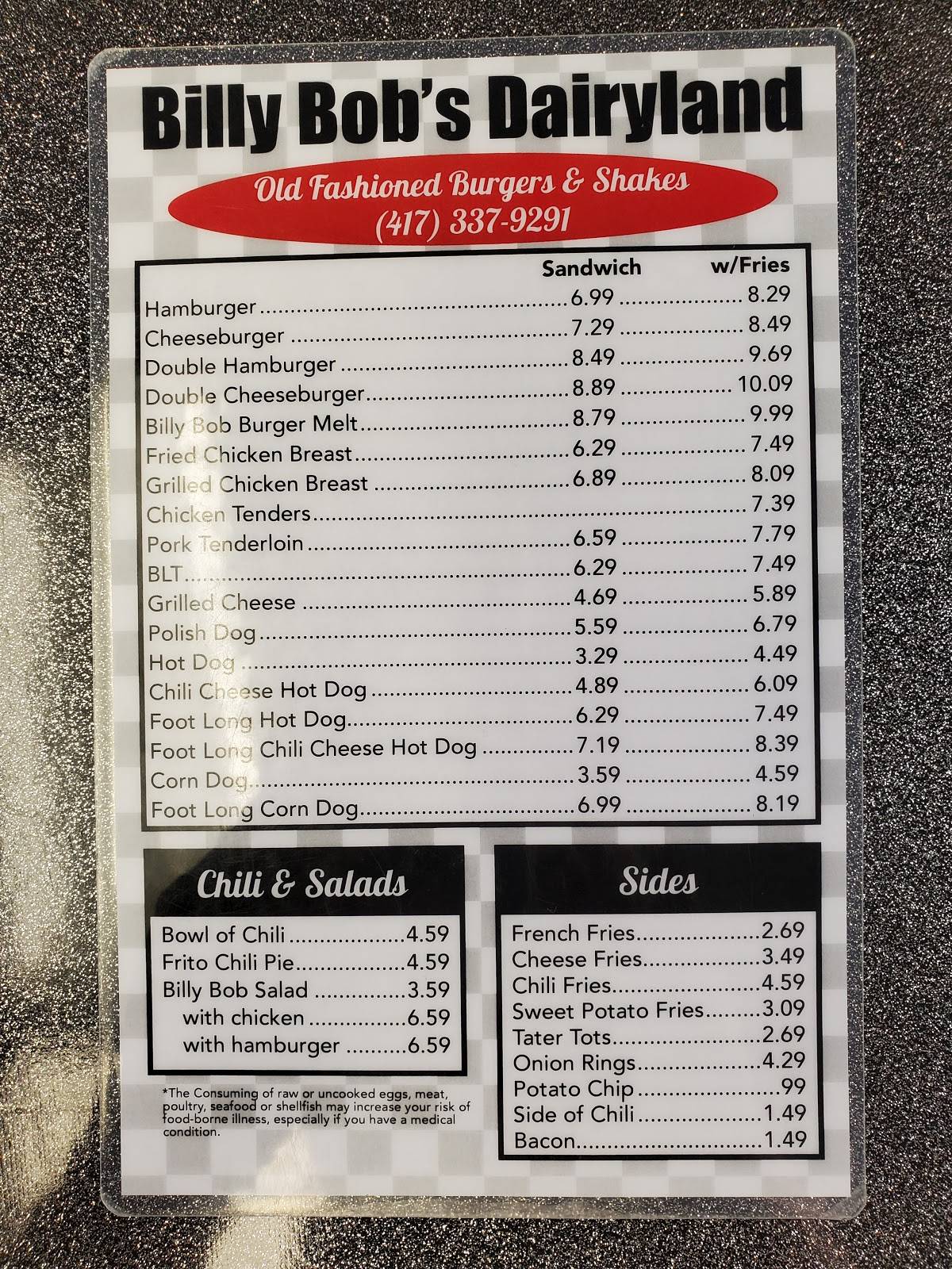 Menu at Billy Bob's Dairy Land restaurant, Branson, W 76 Country Blvd