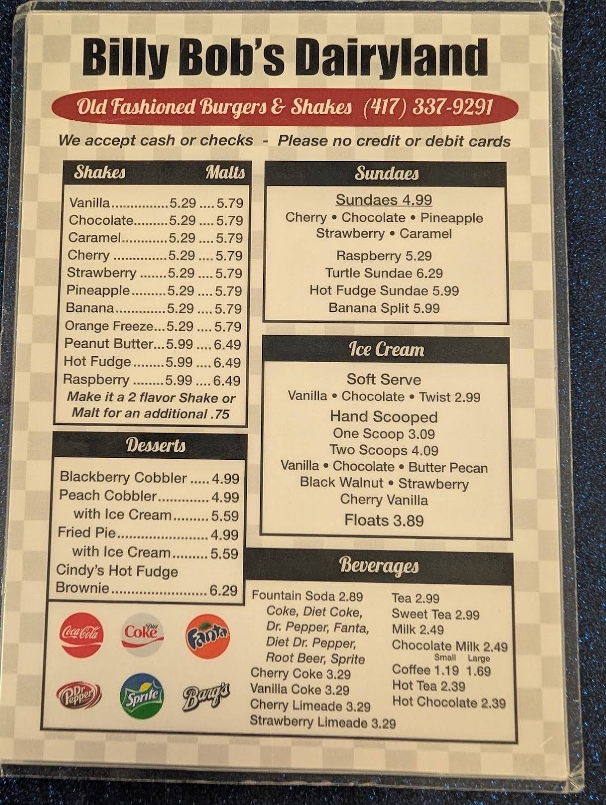 Menu at Billy Bob's Dairy Land restaurant, Branson, W 76 Country Blvd