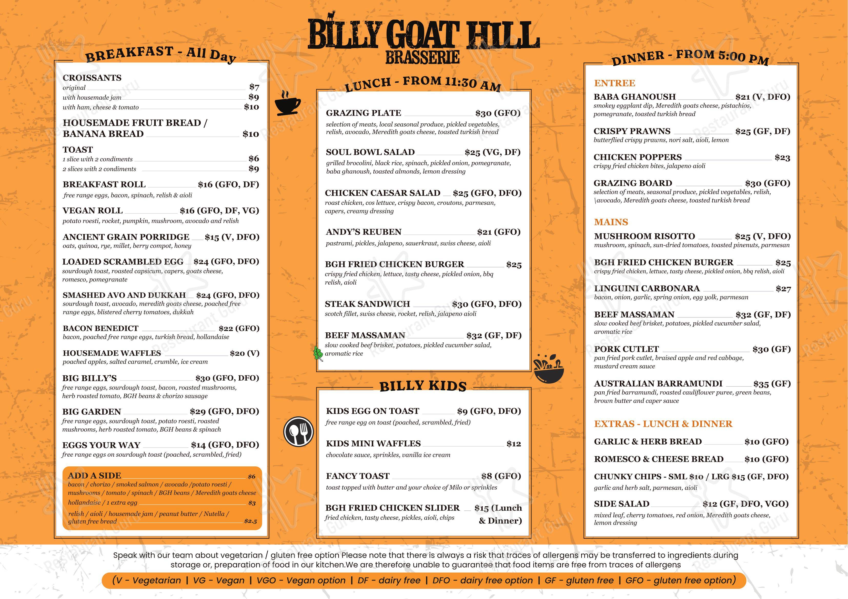 Menu at Billy Goat Hill Brasserie restaurant, Mount Evelyn